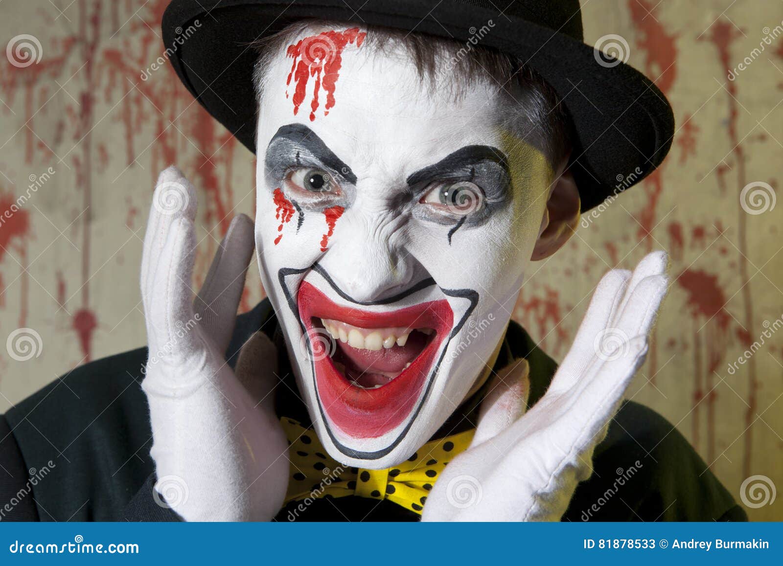 Scary Evil Clown Wearing a Bowler Hat on Wall Stock Image - Image of ...