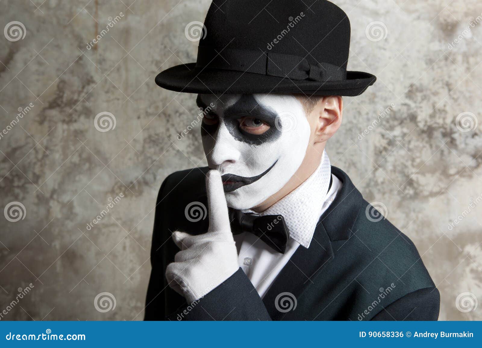 Scary Evil Clown Wearing a Bowler Hat on Wall Stock Photo - Image of ...