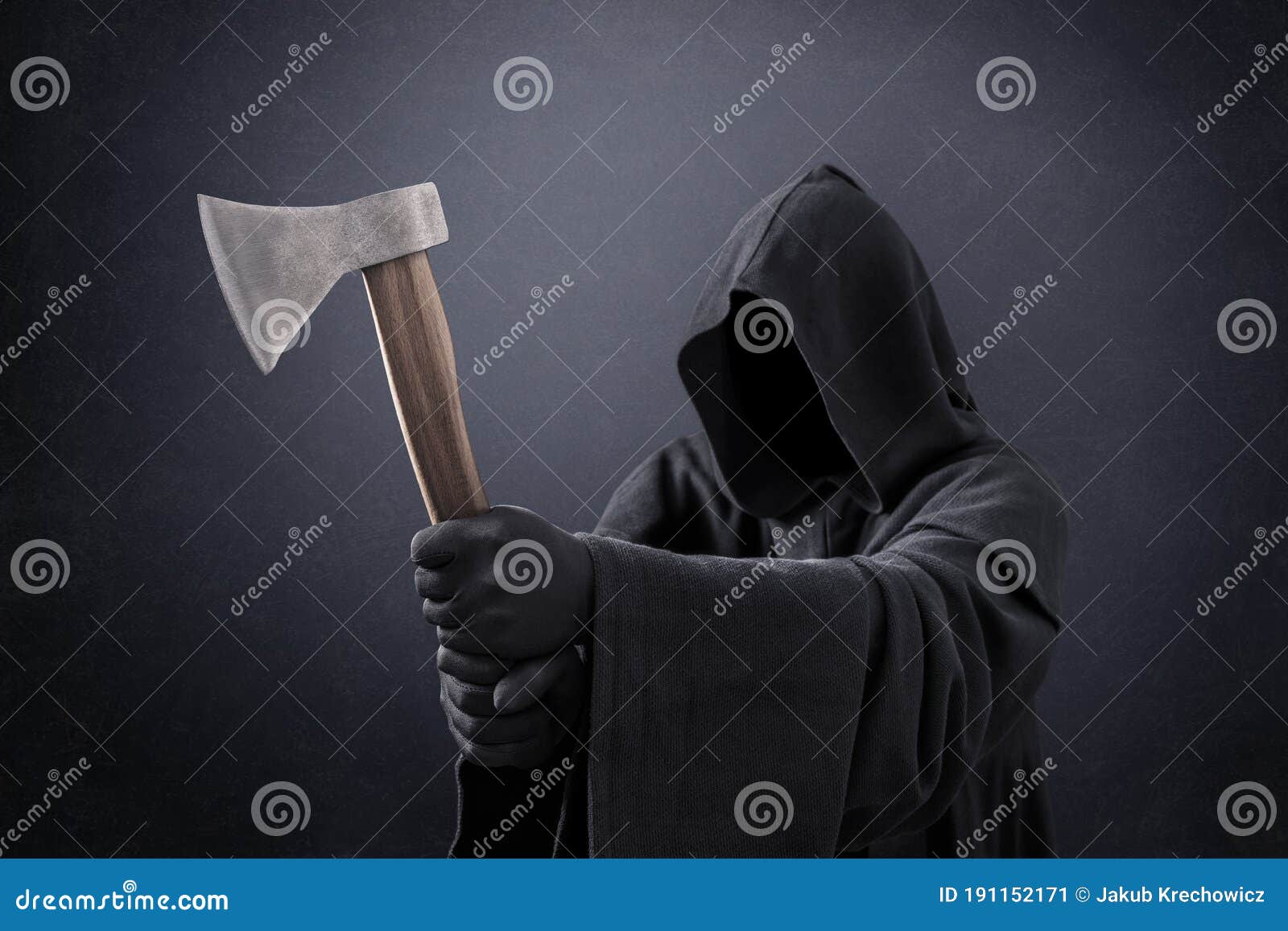 Scary Figure in Hooded Cloak with Axe in the Dark Stock Image - Image ...