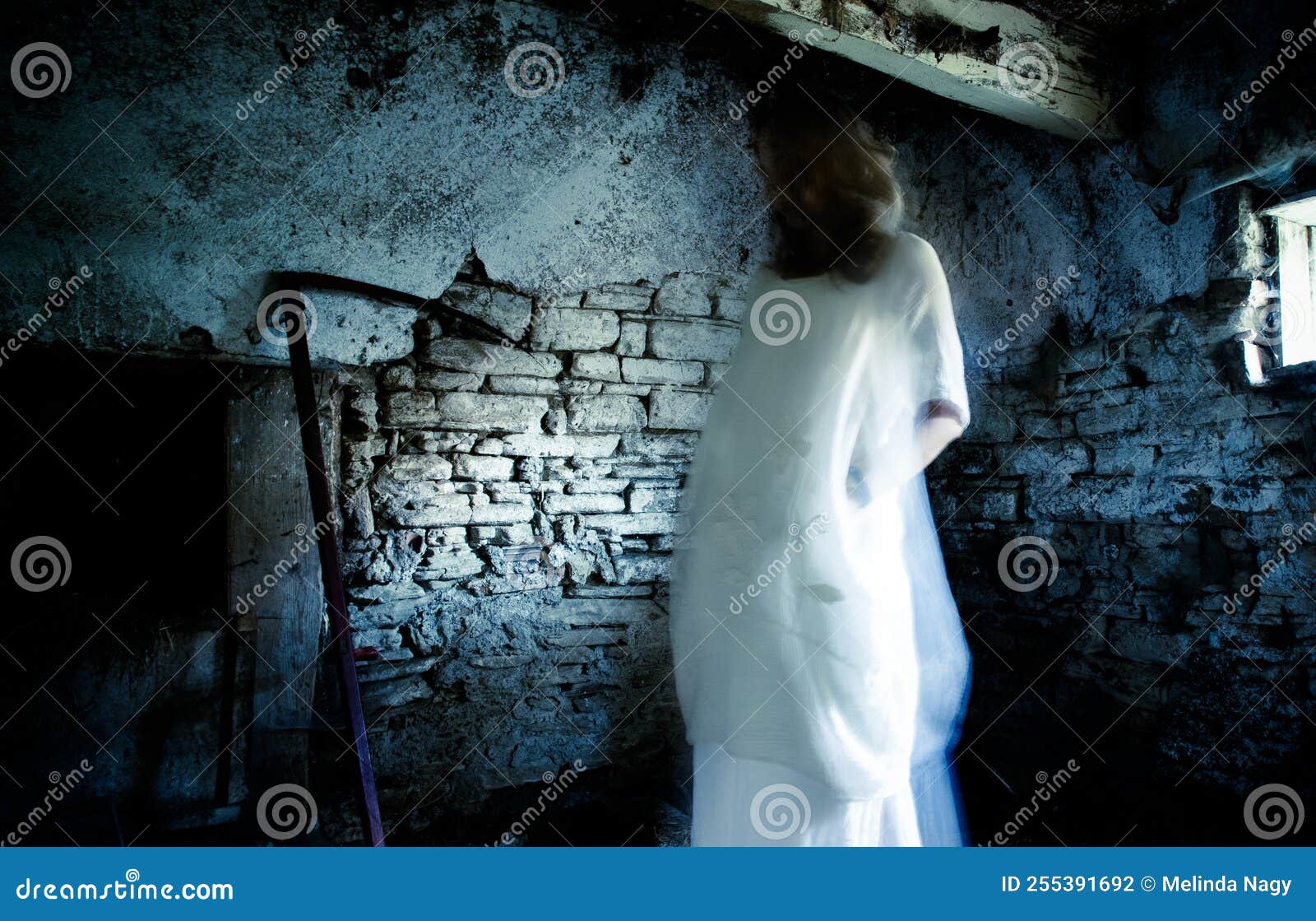 Scary Ghost in Abandoned Building at Night Halloween Background Stock ...