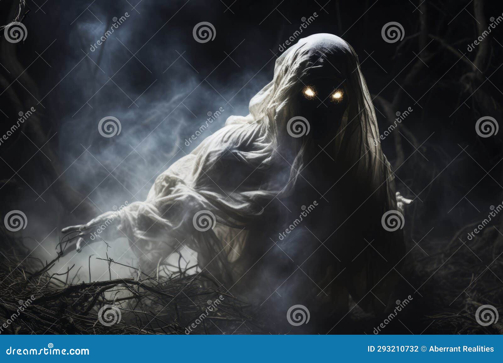 A Scary Ghost with Glowing Eyes in the Dark Stock Illustration ...