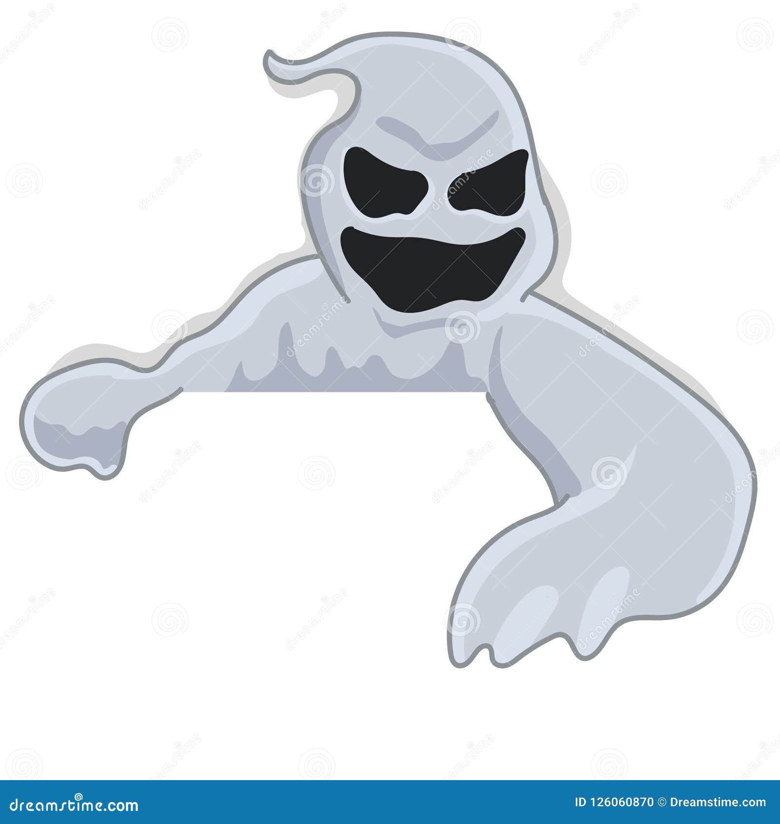 Cartoon Ghost Character For Halloween Asset Pointing Down Behind Paper Stock Illustration