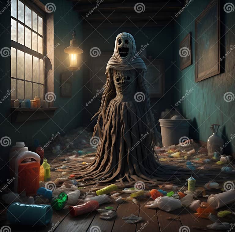 Scary Ghost in a Room with Garbage. 3D Rendering Stock Illustration ...