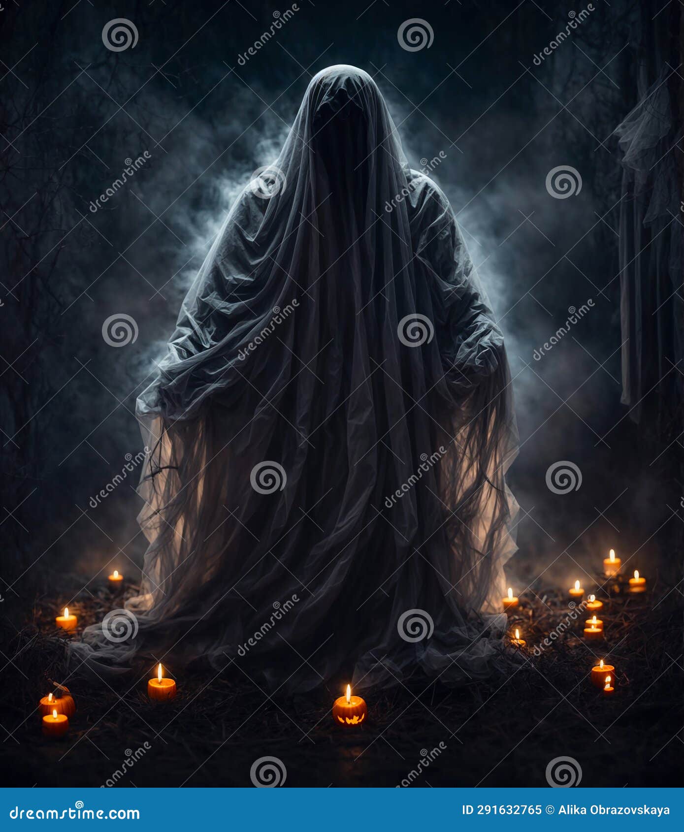 A Scary Ghost in a White Robe at Cemetery on Halloween Night Stock ...