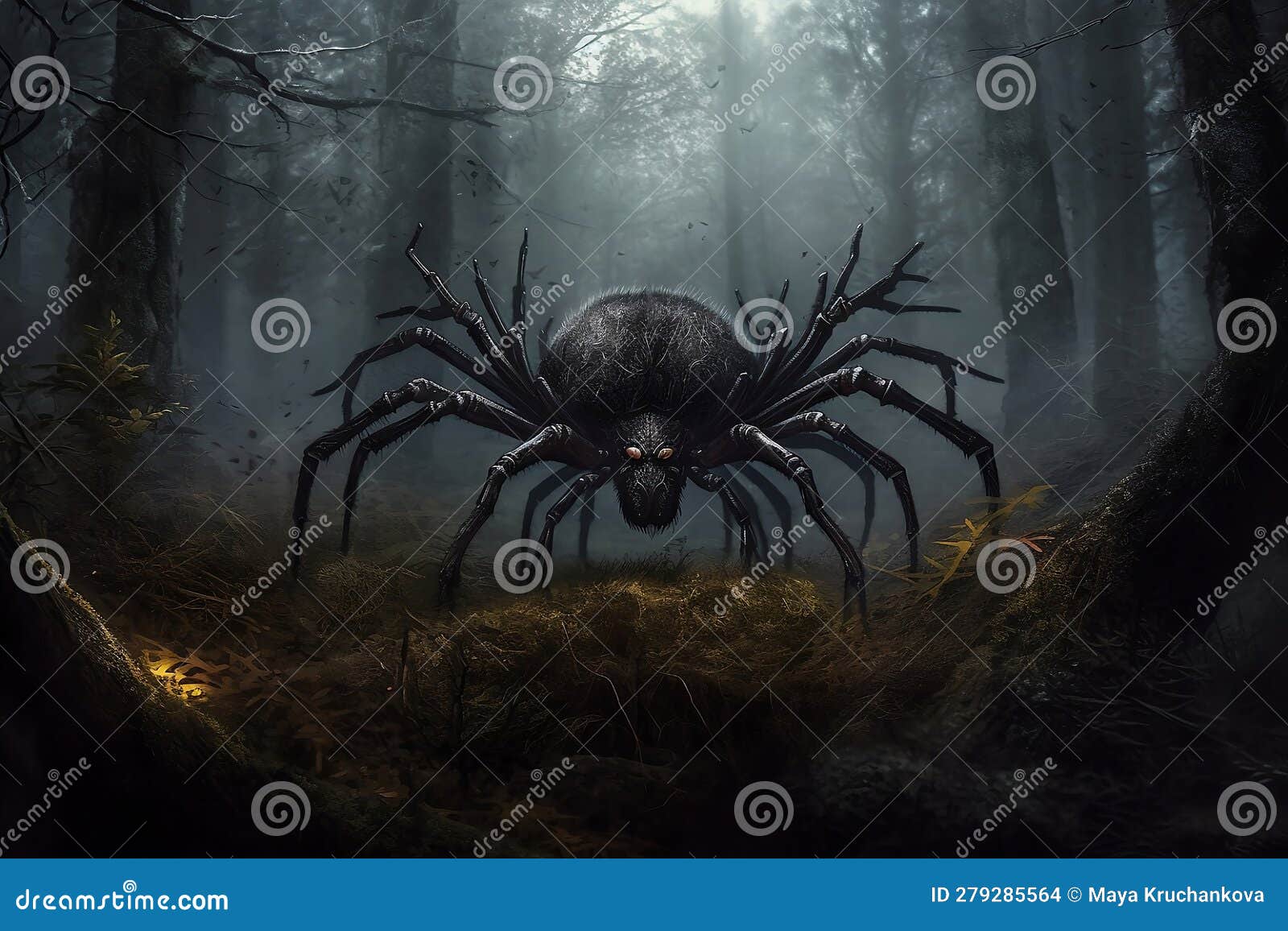 Scary Giant Fantasy Spider in Dark Forest Stock Illustration ...