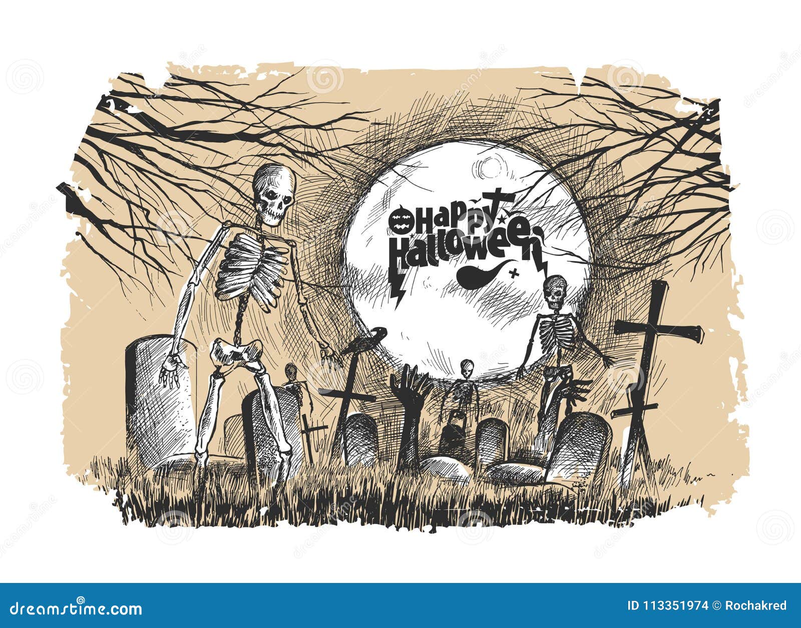 Scary Graveyard - Halloween White Background, Hand Drawn Sketch Stock ... Scary Graveyard - Halloween White Background, Hand Drawn Sketch Stock ...