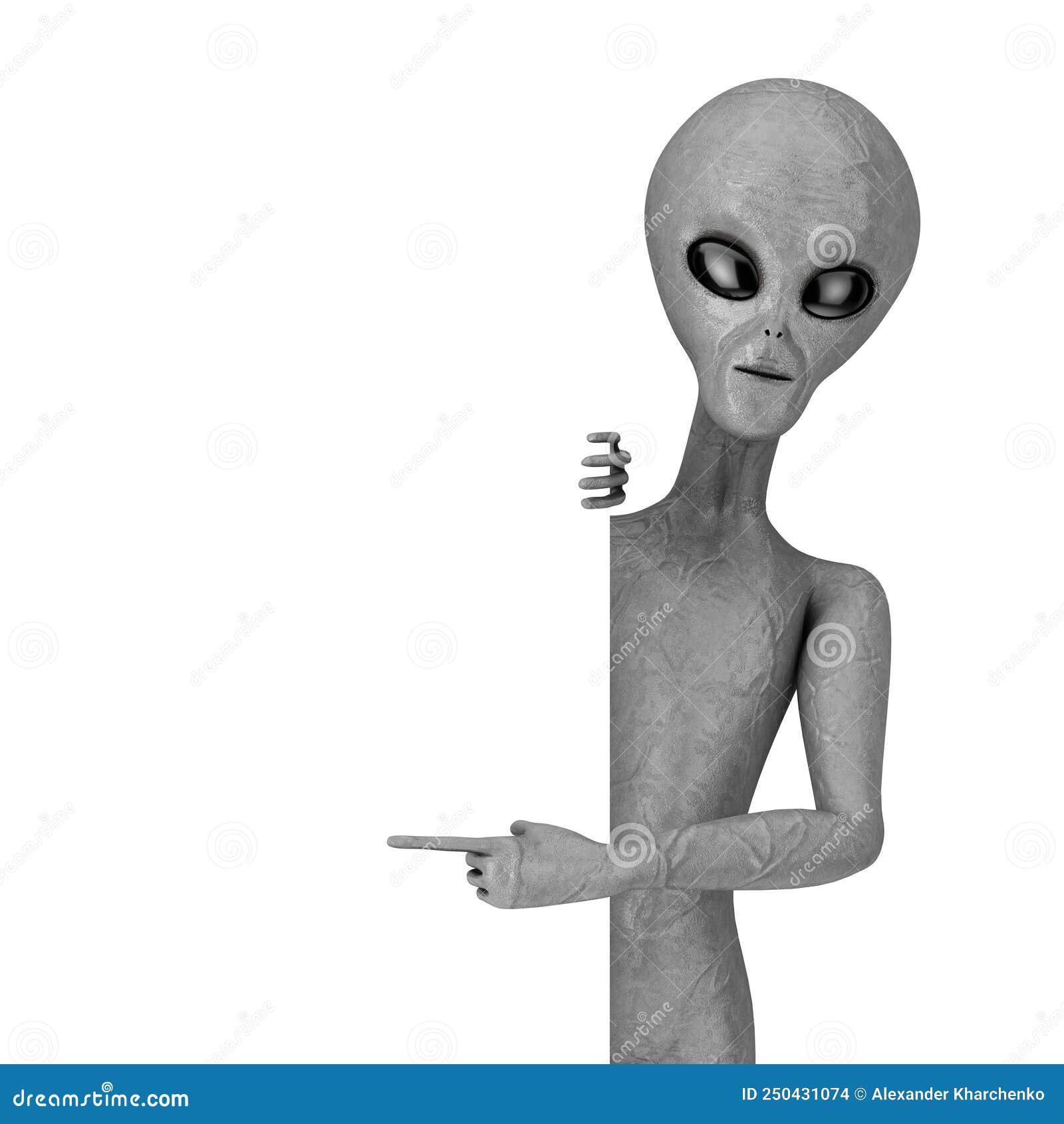 Scary Gray Humanoid Alien with Blank Presentation or Information Board ...