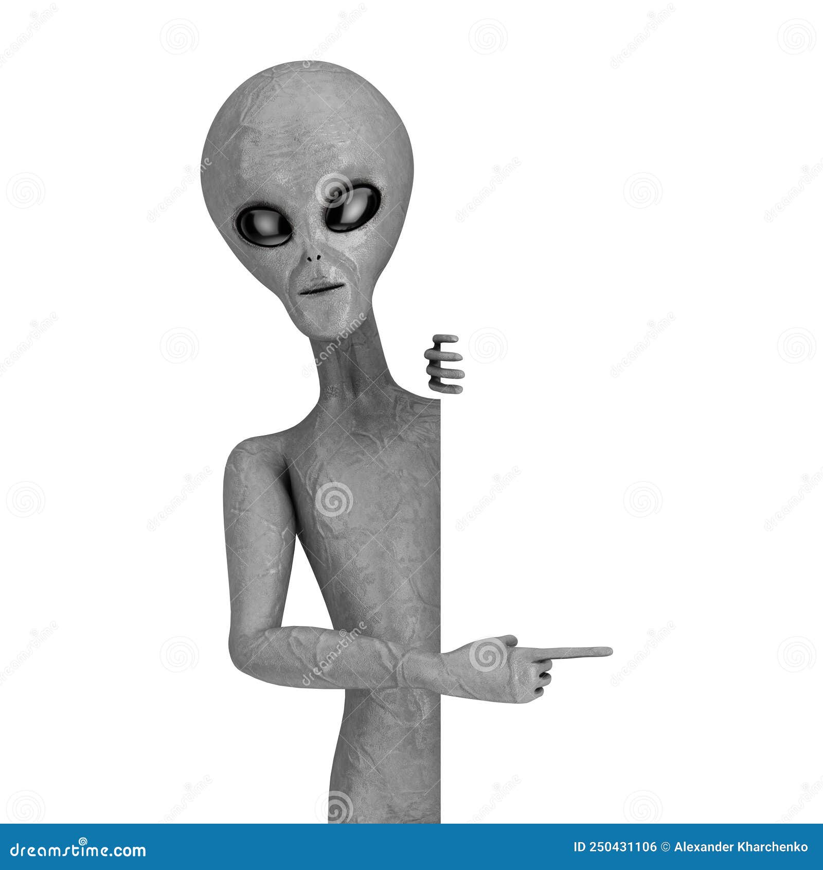 Scary Gray Humanoid Alien with Blank Presentation or Information Board ...