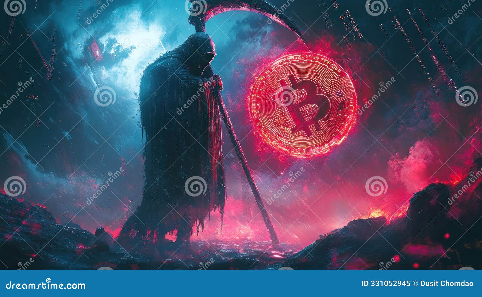 Scary Grim Reaper With Scythe In Hell On Dark Background With Dramatic ...