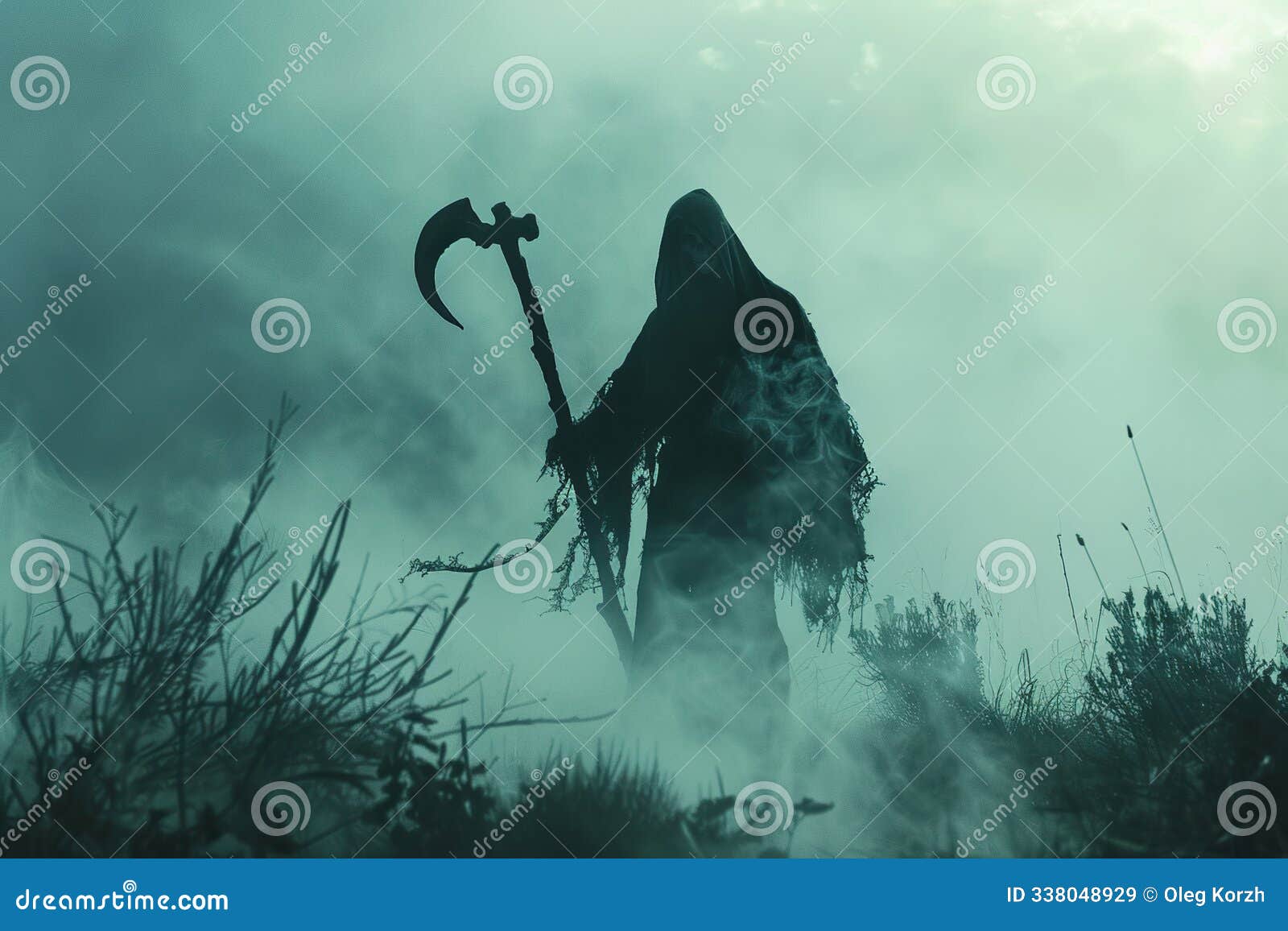 Scary Grim Reaper with Scythe in Hell on Dark Background with Dramatic ...