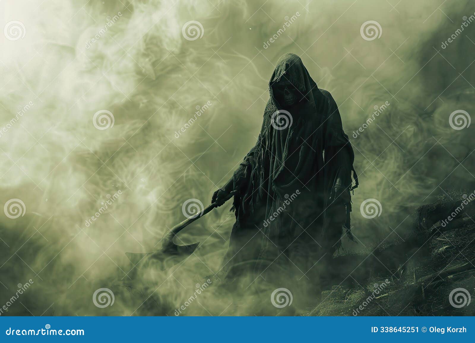 Scary Grim Reaper with Scythe in Hell on Dark Background with Dramatic ...