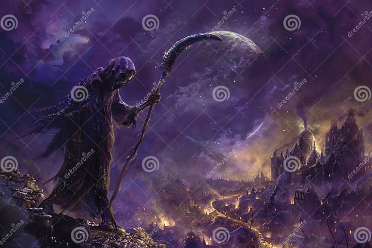 Scary Grim Reaper with Sharp Scythe in Hell with Dramatic Background ...