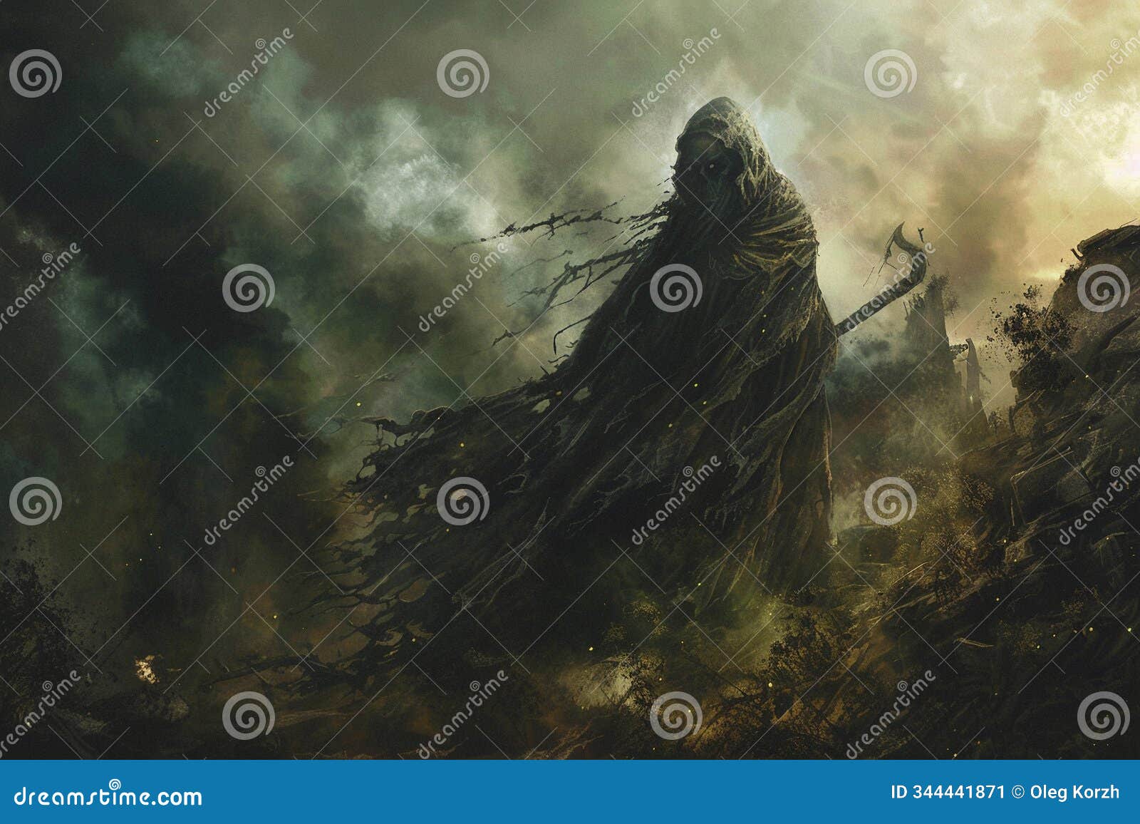 Scary Grim Reaper With Scythe In Hell On Dark Background With Dramatic ...