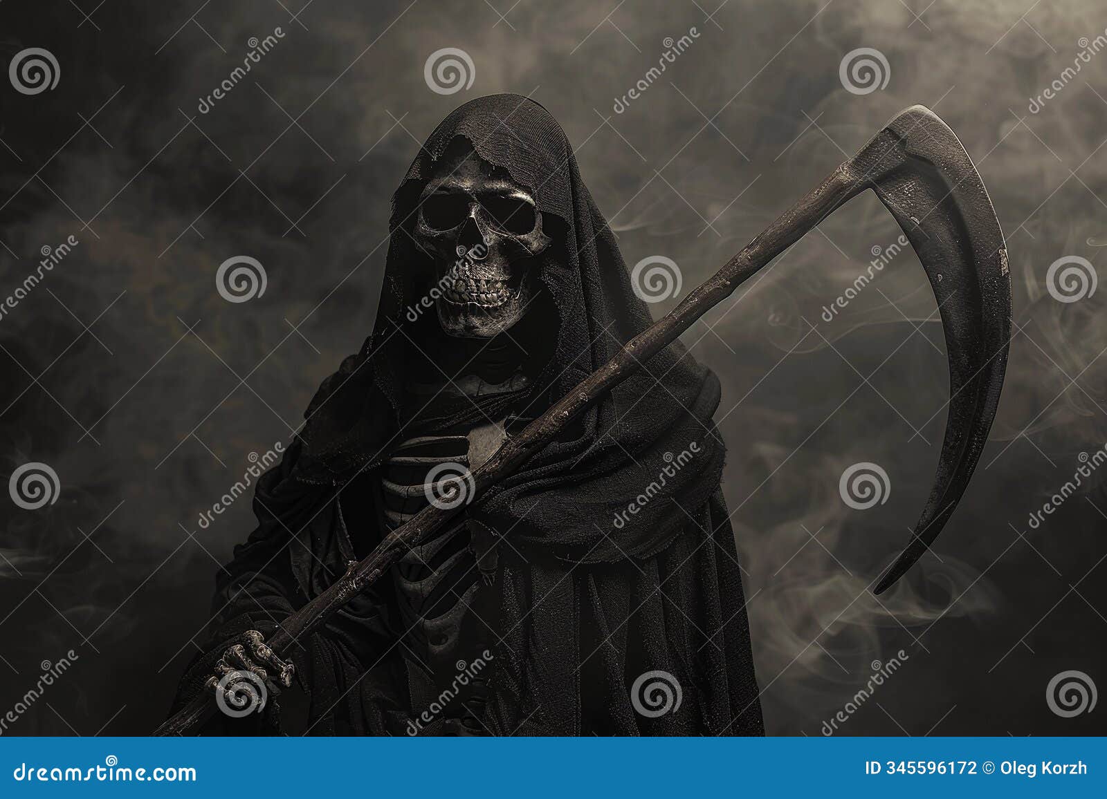 Scary Grim Reaper With Scythe In Hell On Dark Background With Dramatic ...