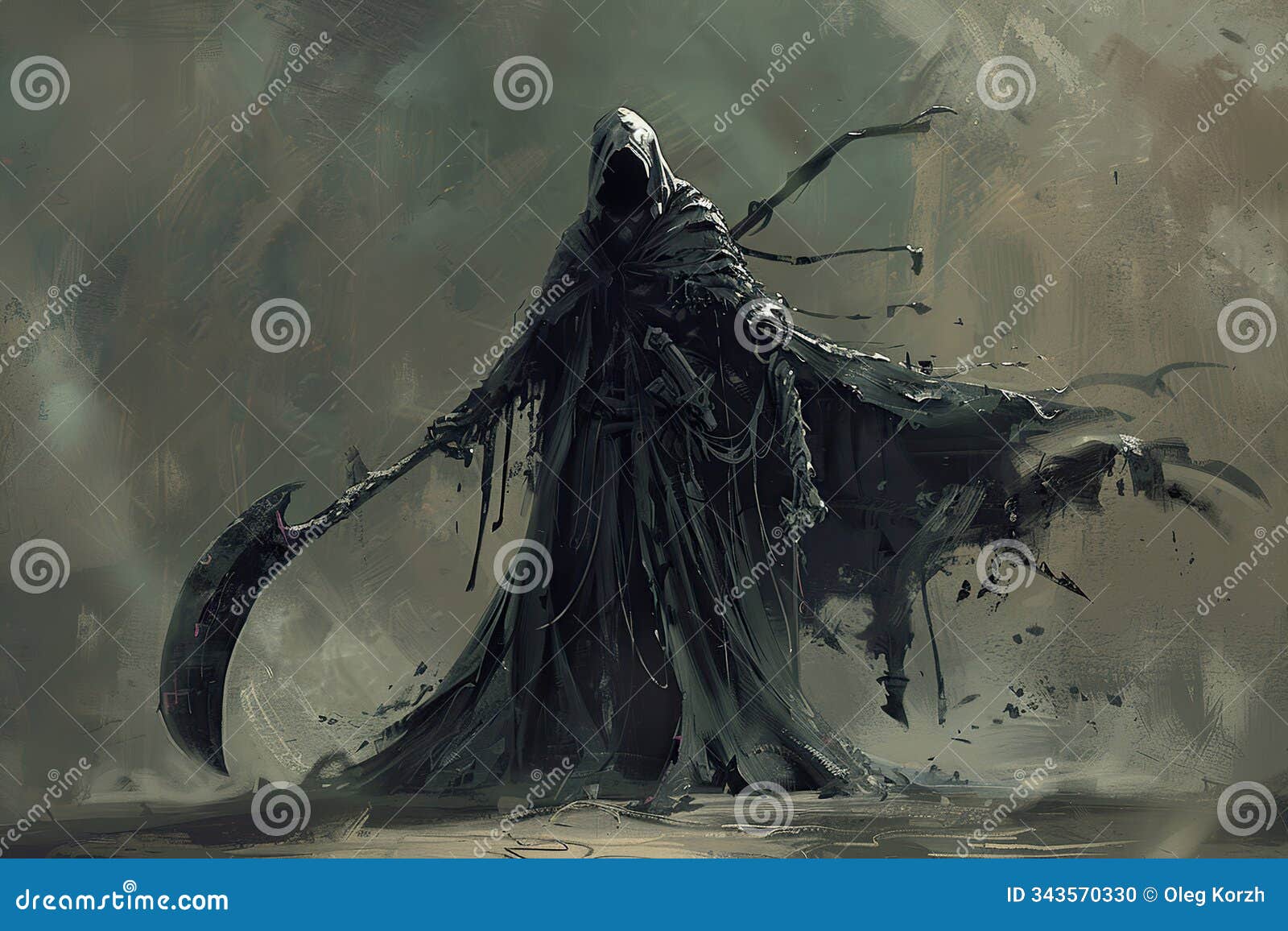 Scary Grim Reaper With Scythe In Hell On Dark Background With Dramatic ...