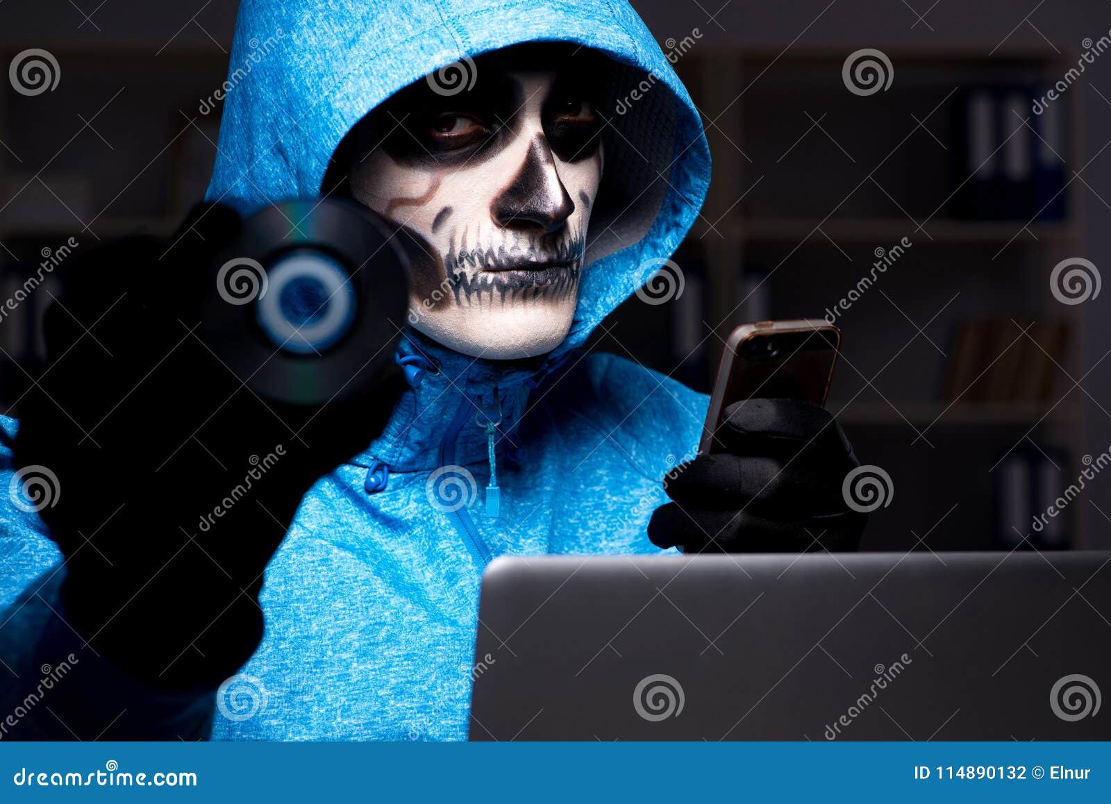The Scary Hacker Hacking Security Firewall Late in Office Stock Photo ...