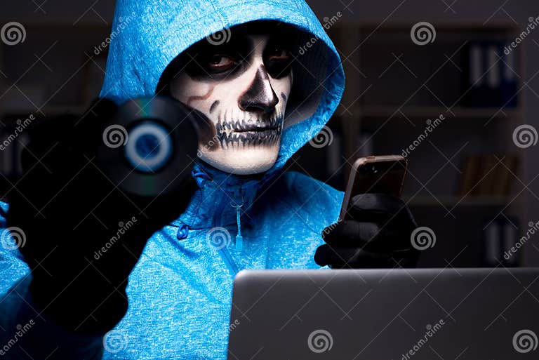 The Scary Hacker Hacking Security Firewall Late in Office Stock Photo ...
