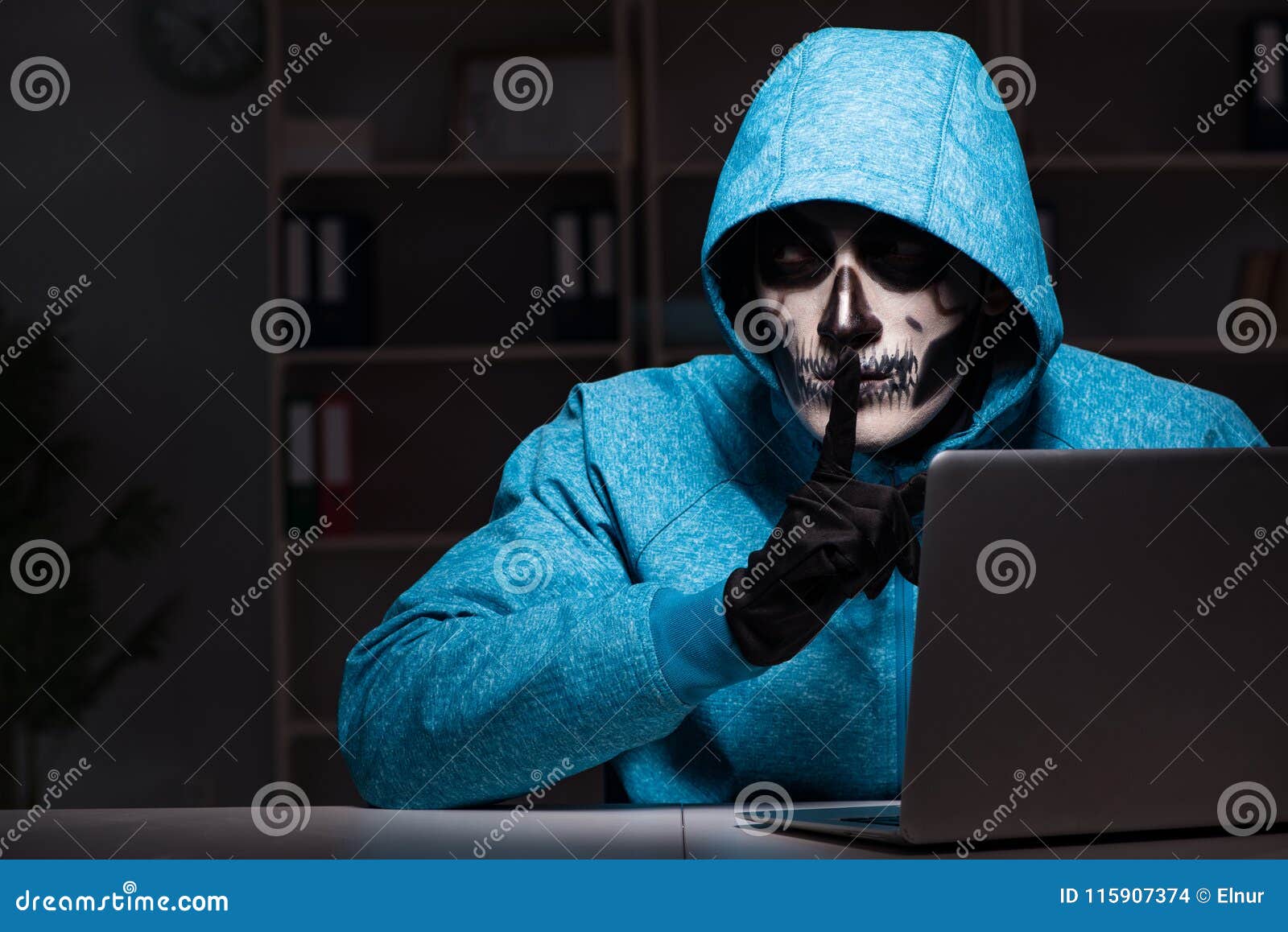 The Scary Hacker Hacking Security Firewall Late in Office Stock Photo ...
