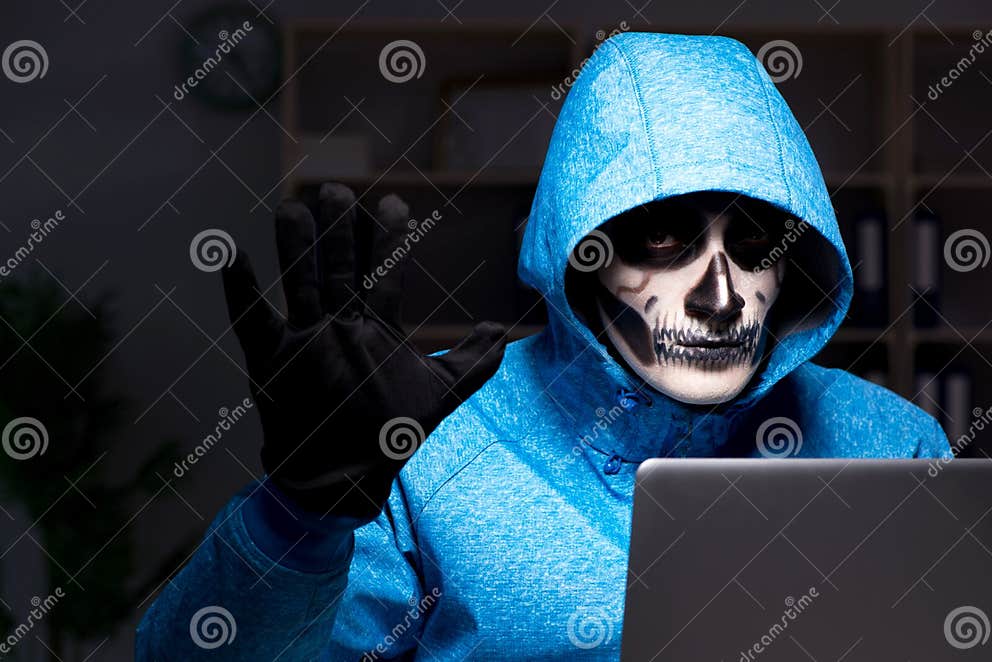 The Scary Hacker Hacking Security Firewall Late in Office Stock Image ...