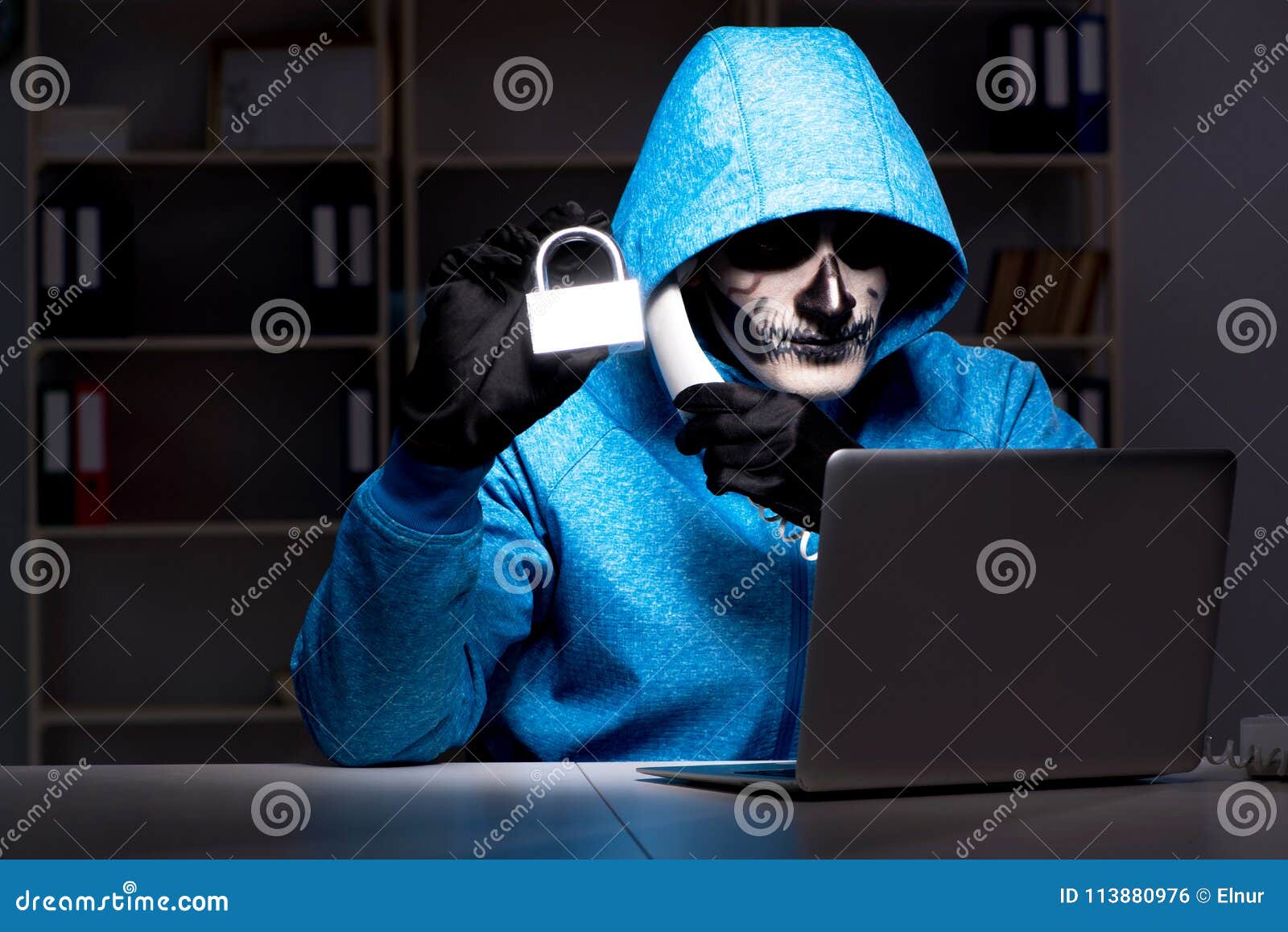 The Scary Hacker Hacking Security Firewall Late in Office Stock Photo ...