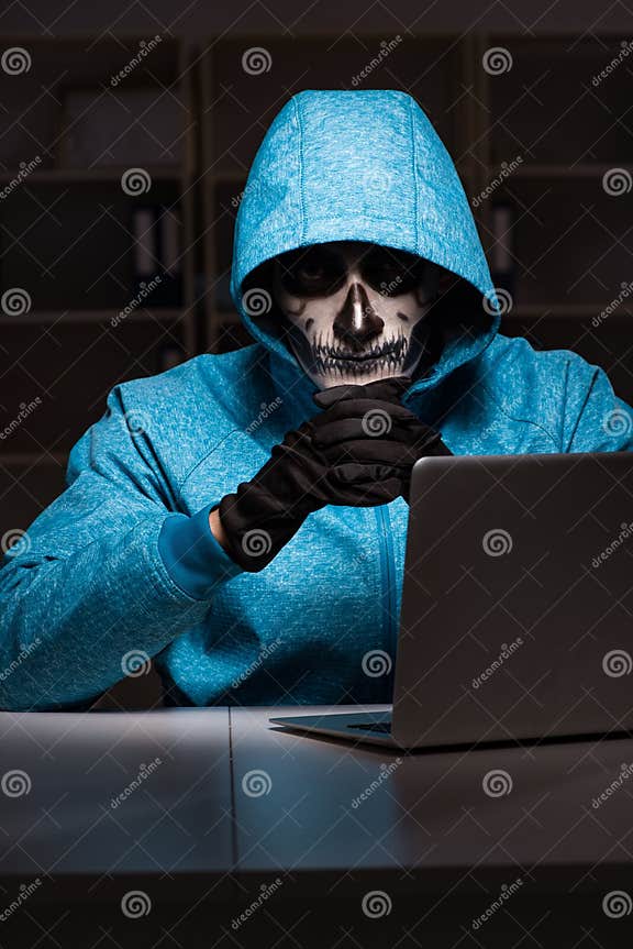 The Scary Hacker Hacking Security Firewall Late in Office Stock Image ...