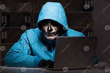 The Scary Hacker Hacking Security Firewall Late in Office Stock Image ...