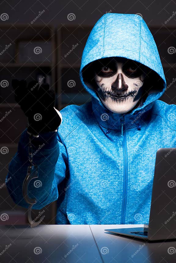 The Scary Hacker Hacking Security Firewall Late in Office Stock Image ...