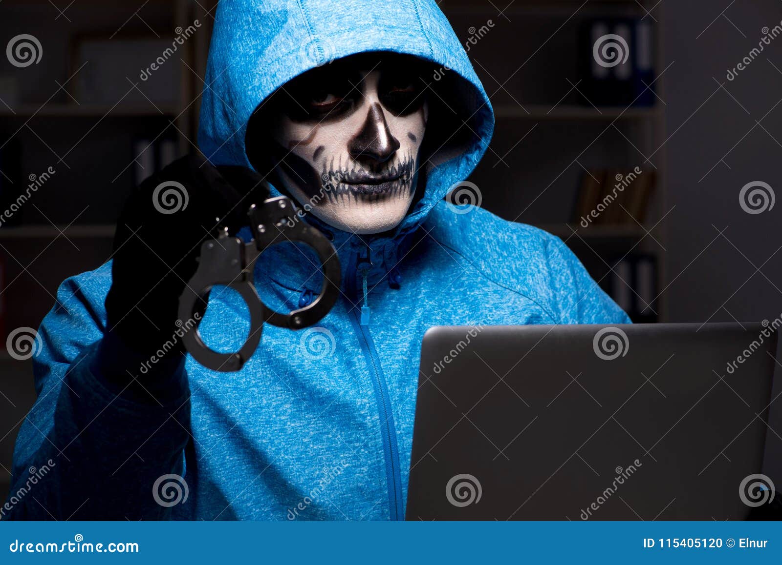 The Scary Hacker Hacking Security Firewall Late in Office Stock Photo ...