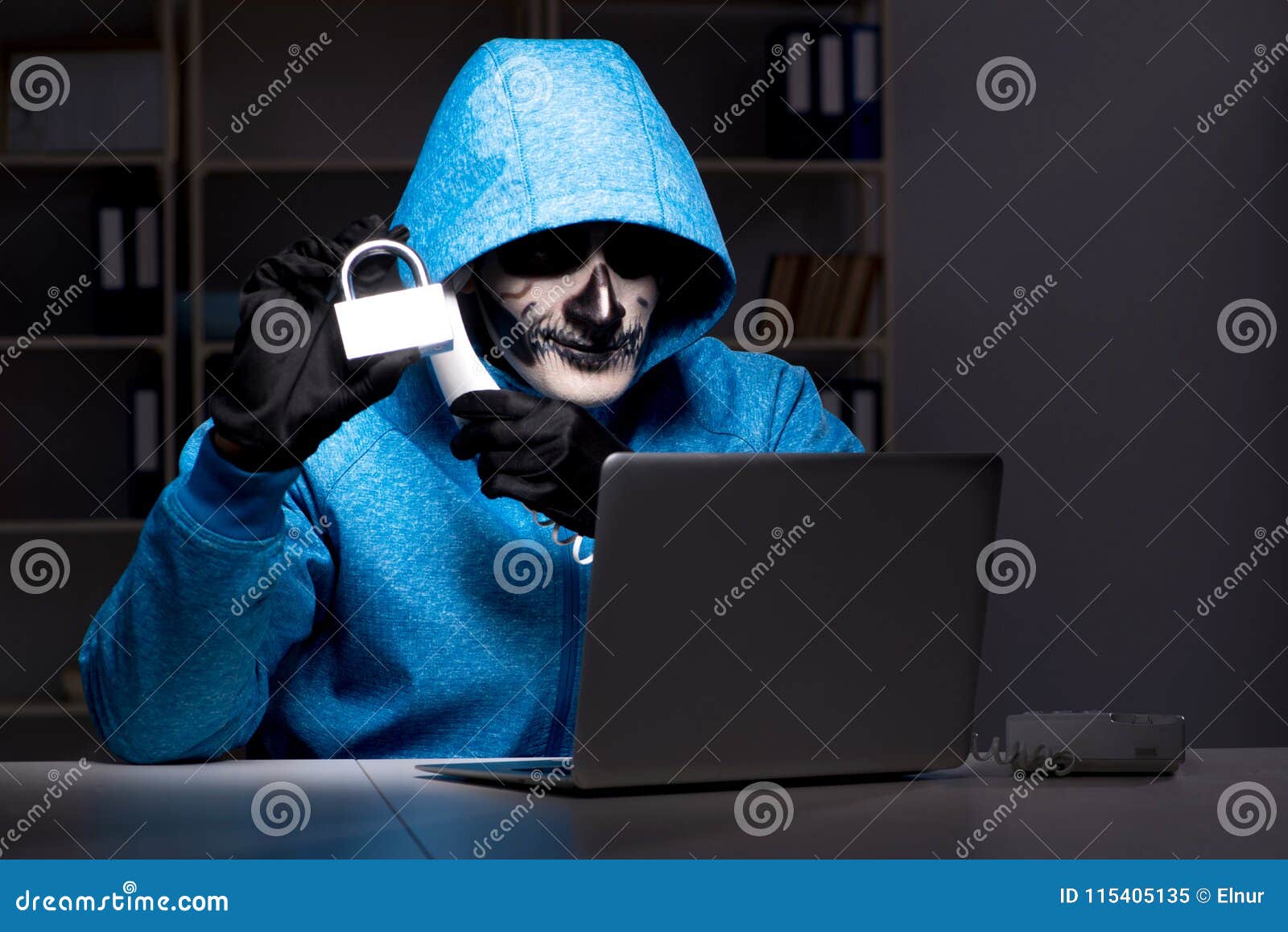 The Scary Hacker Hacking Security Firewall Late in Office Stock Image ...