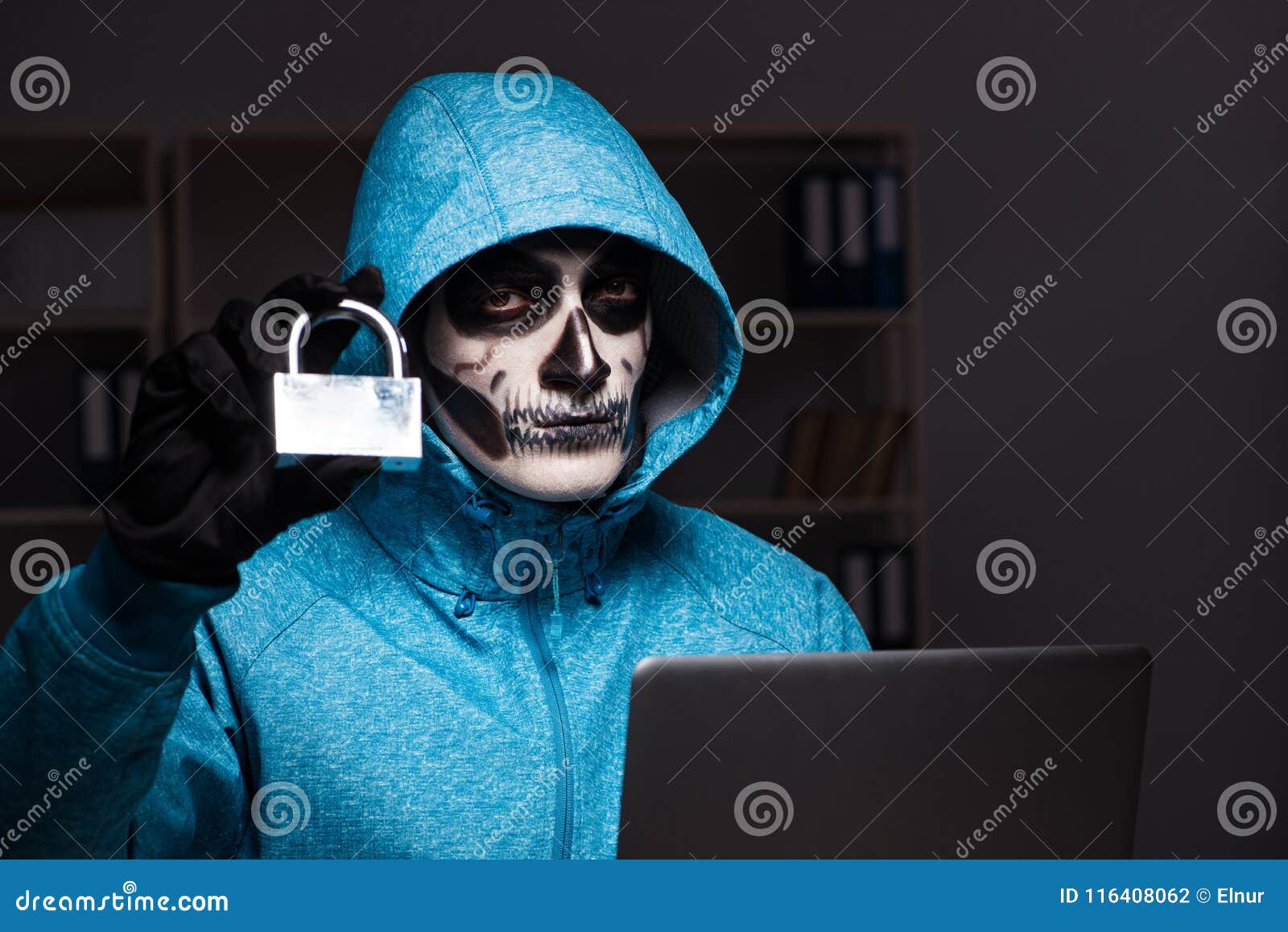 The Scary Hacker Hacking Security Firewall Late in Office Stock Photo ...