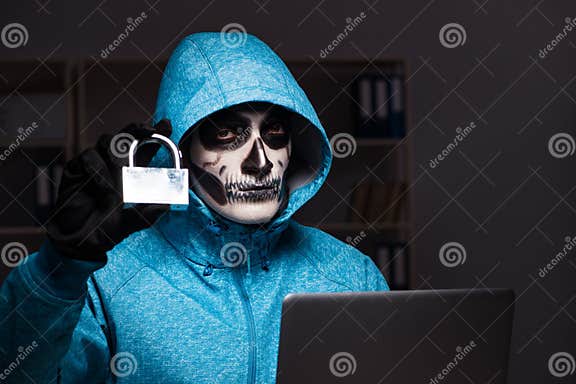 The Scary Hacker Hacking Security Firewall Late in Office Stock Photo ...
