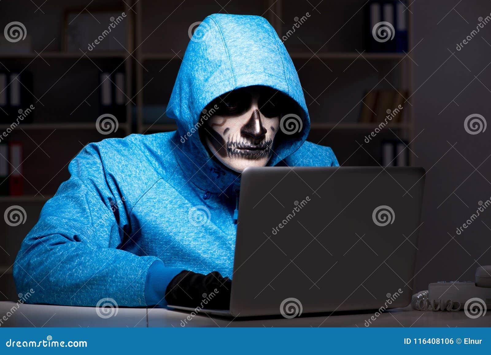 The Scary Hacker Hacking Security Firewall Late in Office Stock Photo ...