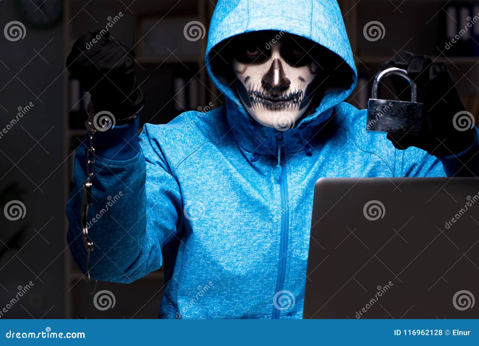 The Scary Hacker Hacking Security Firewall Late in Office Stock Photo ...