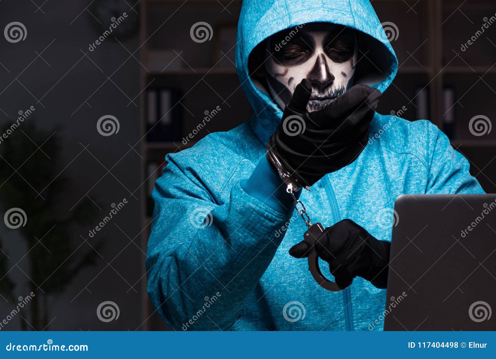 The Scary Hacker Hacking Security Firewall Late in Office Stock Photo ...