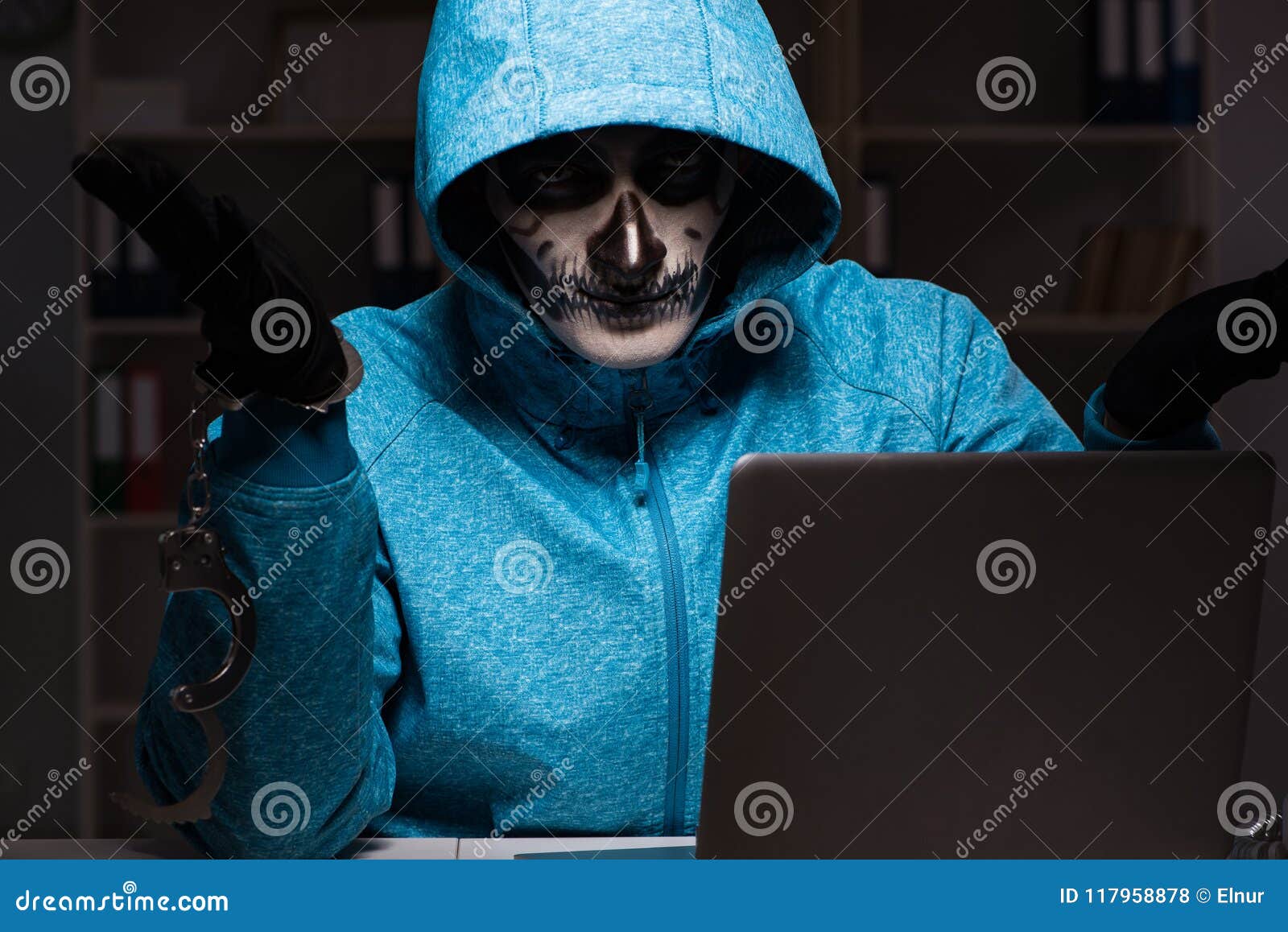 The Scary Hacker Hacking Security Firewall Late in Office Stock Photo ...