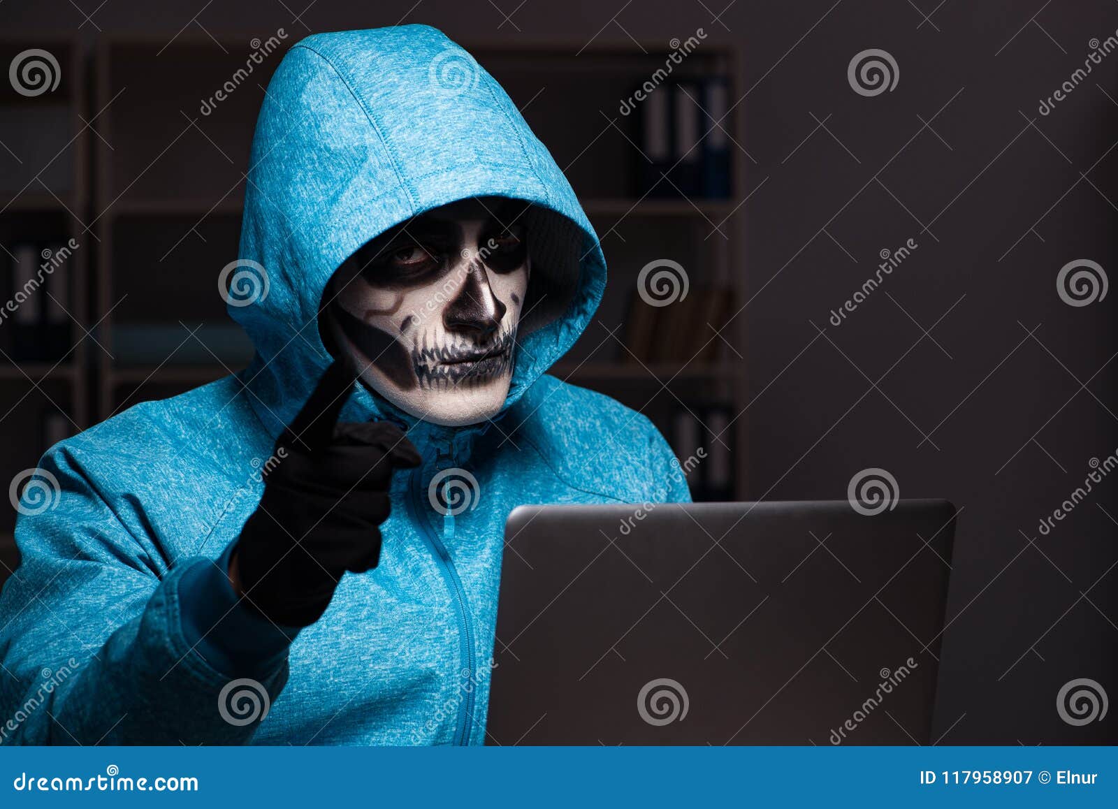 The Scary Hacker Hacking Security Firewall Late in Office Stock Image ...