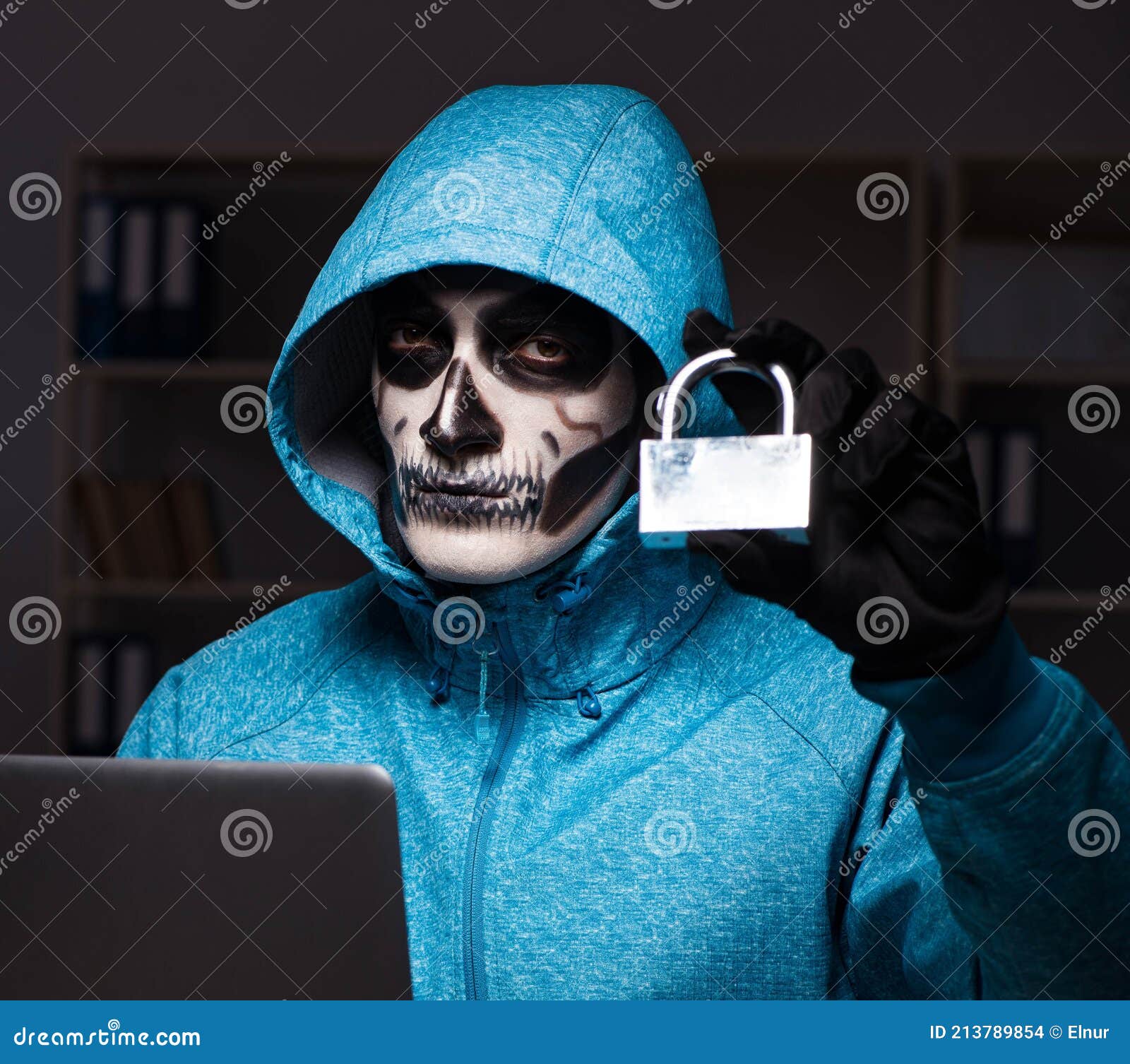 Scary Hacker Hacking Security Firewall Late in Office Stock Photo ...