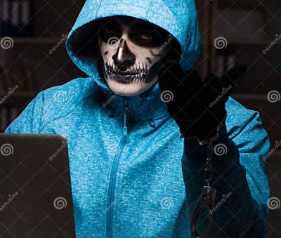 Scary Hacker Hacking Security Firewall Late in Office Stock Image ...