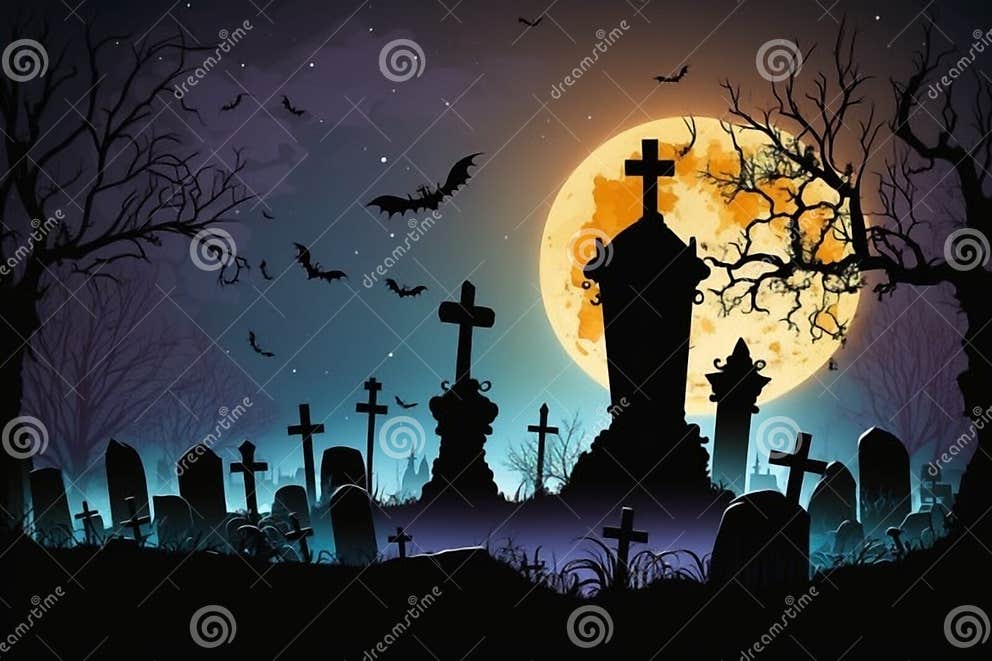 Scary Halloween Graveyard with Bats and Full Moon Stock Illustration ...