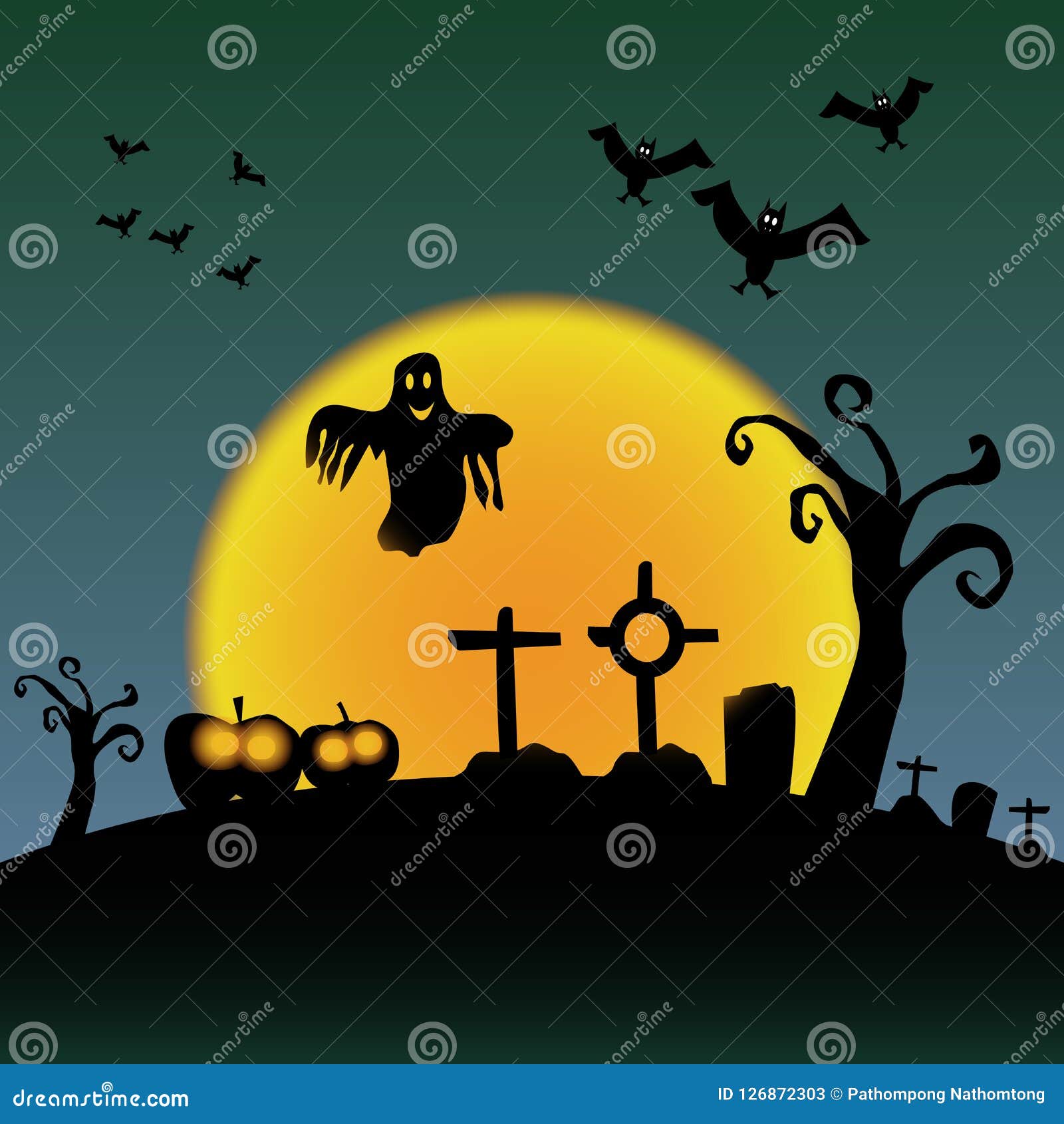 Scary Halloween Graveyard with Full Moon Background Stock Illustration ...