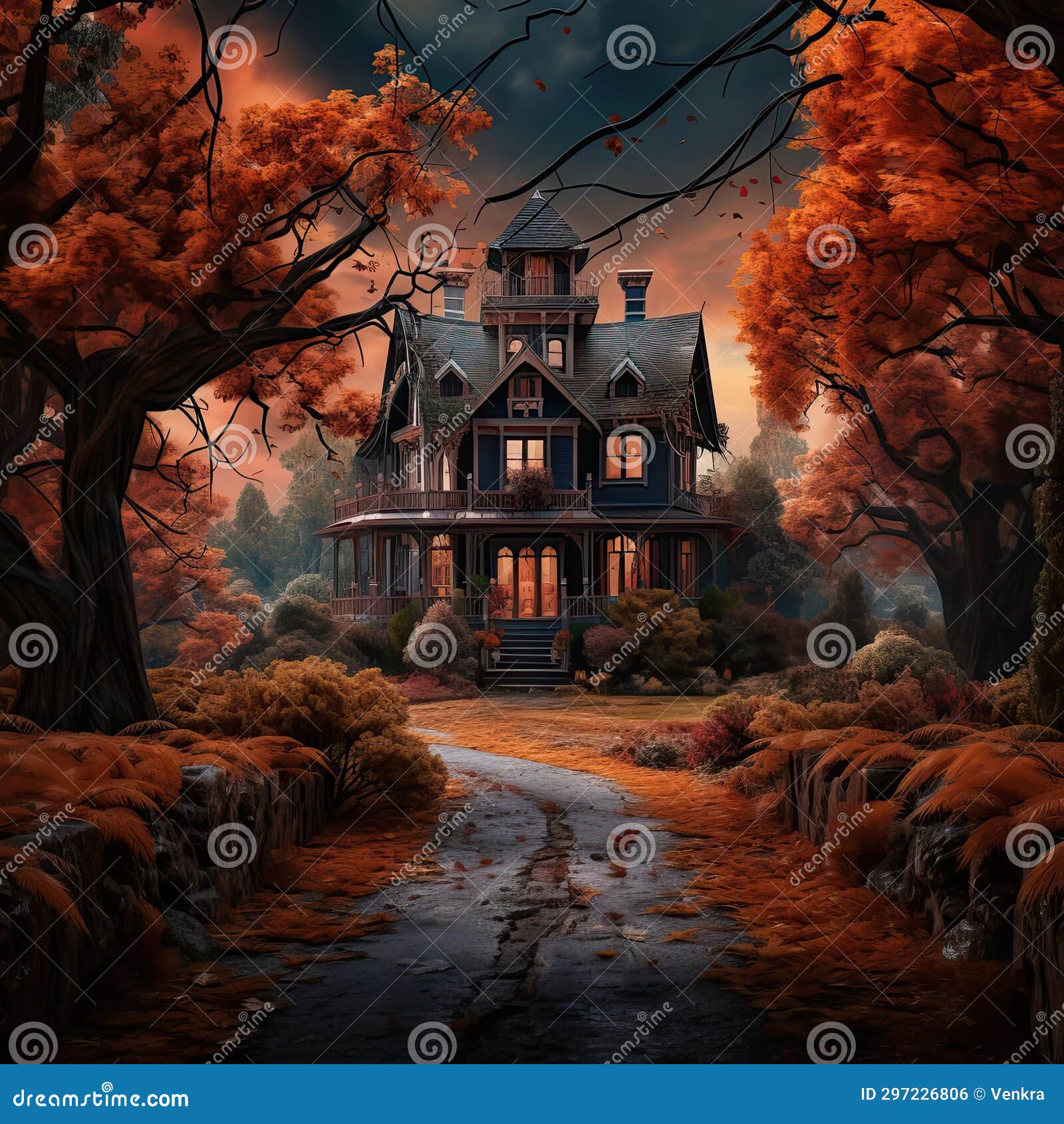 Scary Halloween House with Fall Colored Trees Stock Photo - Image of ...