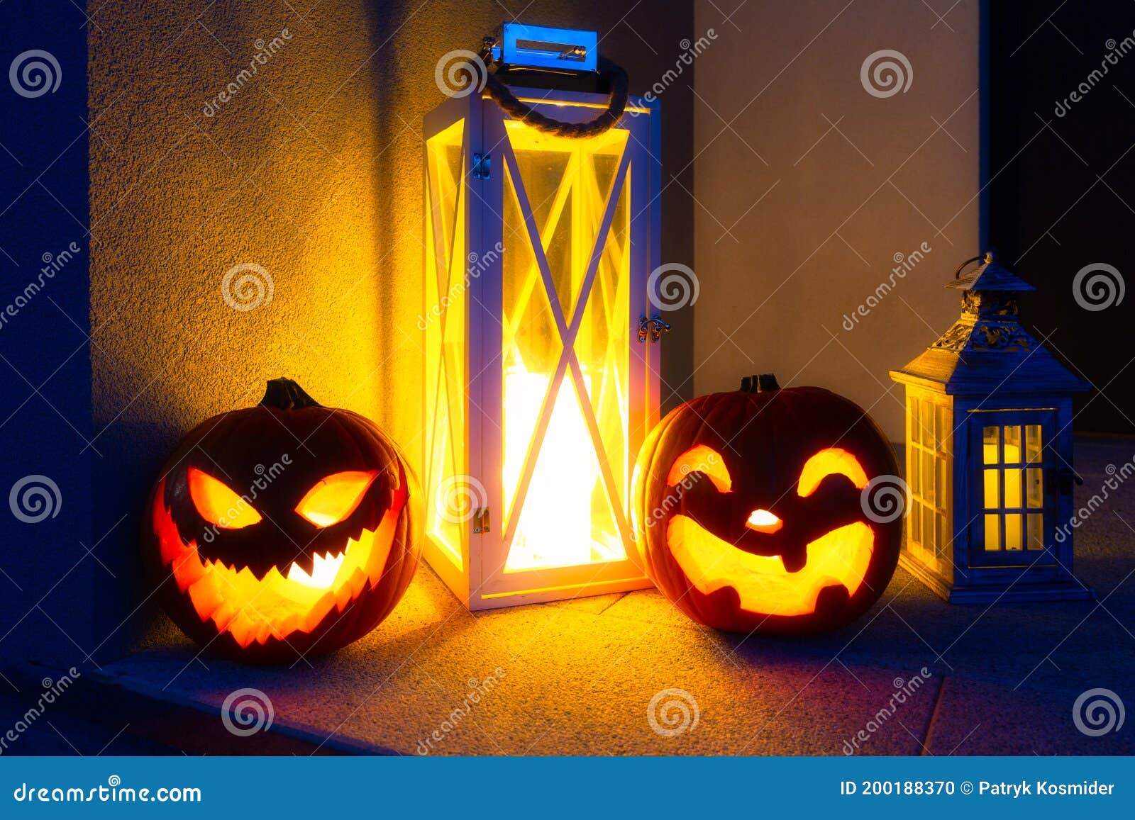 Scary Halloween Pumpkins Glowing at Night As Decoration on the Front ...