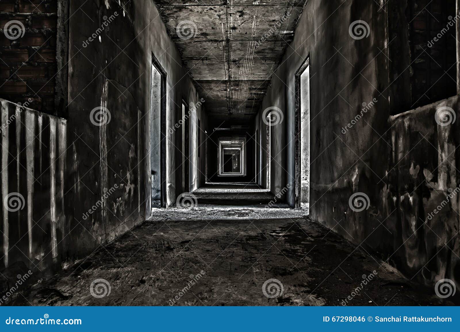 Walkway In Creepy Abandoned Building, Dark Scary Corridor With Many ...