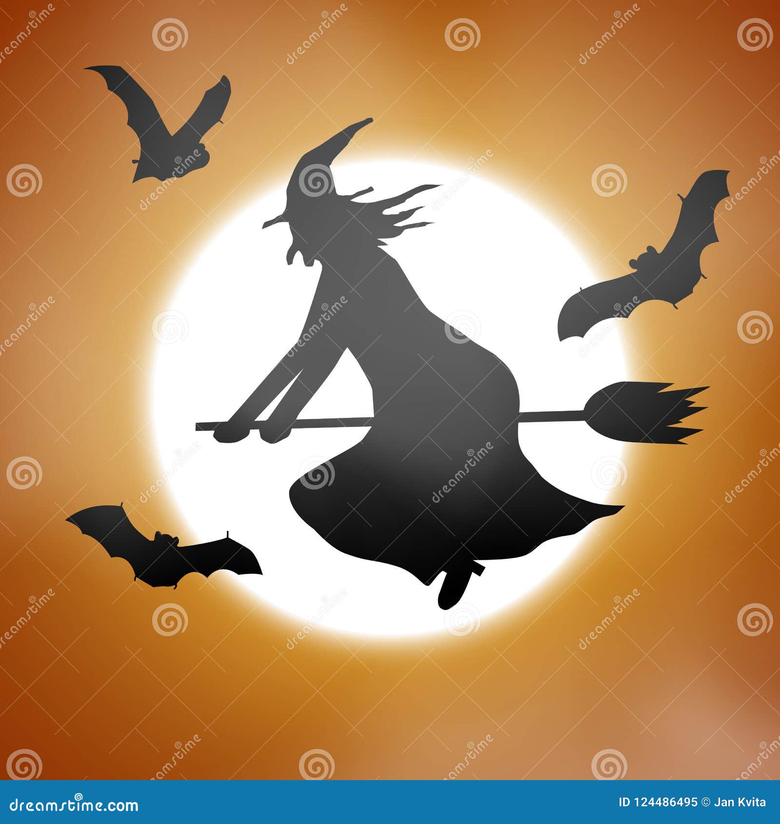 Scary Haloween Vector With A Witch Flying In Front Of A Full Moon ...