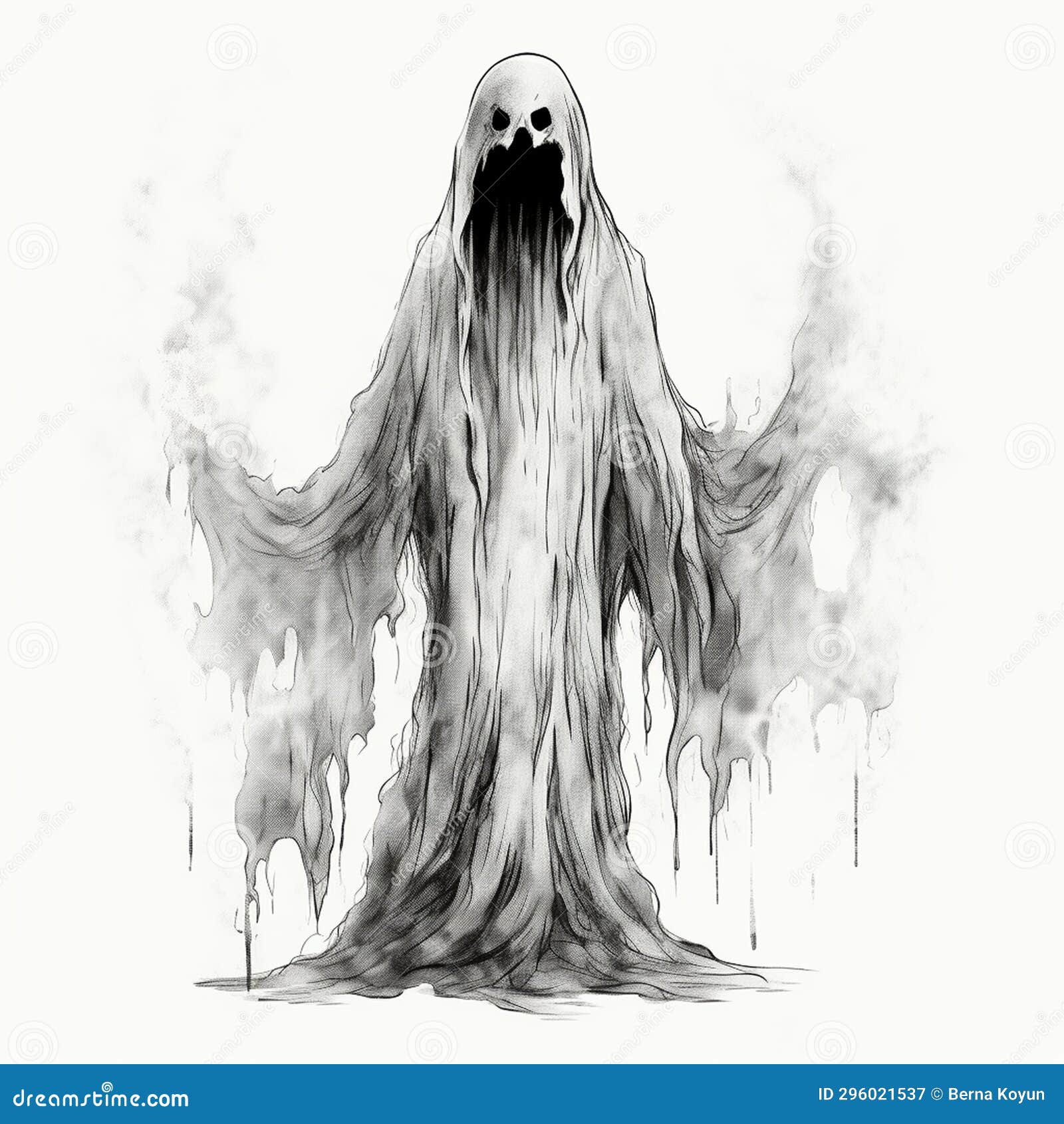 Scary Hand-Drawn Ghost Floating Above a Cauldron Stock Illustration ...
