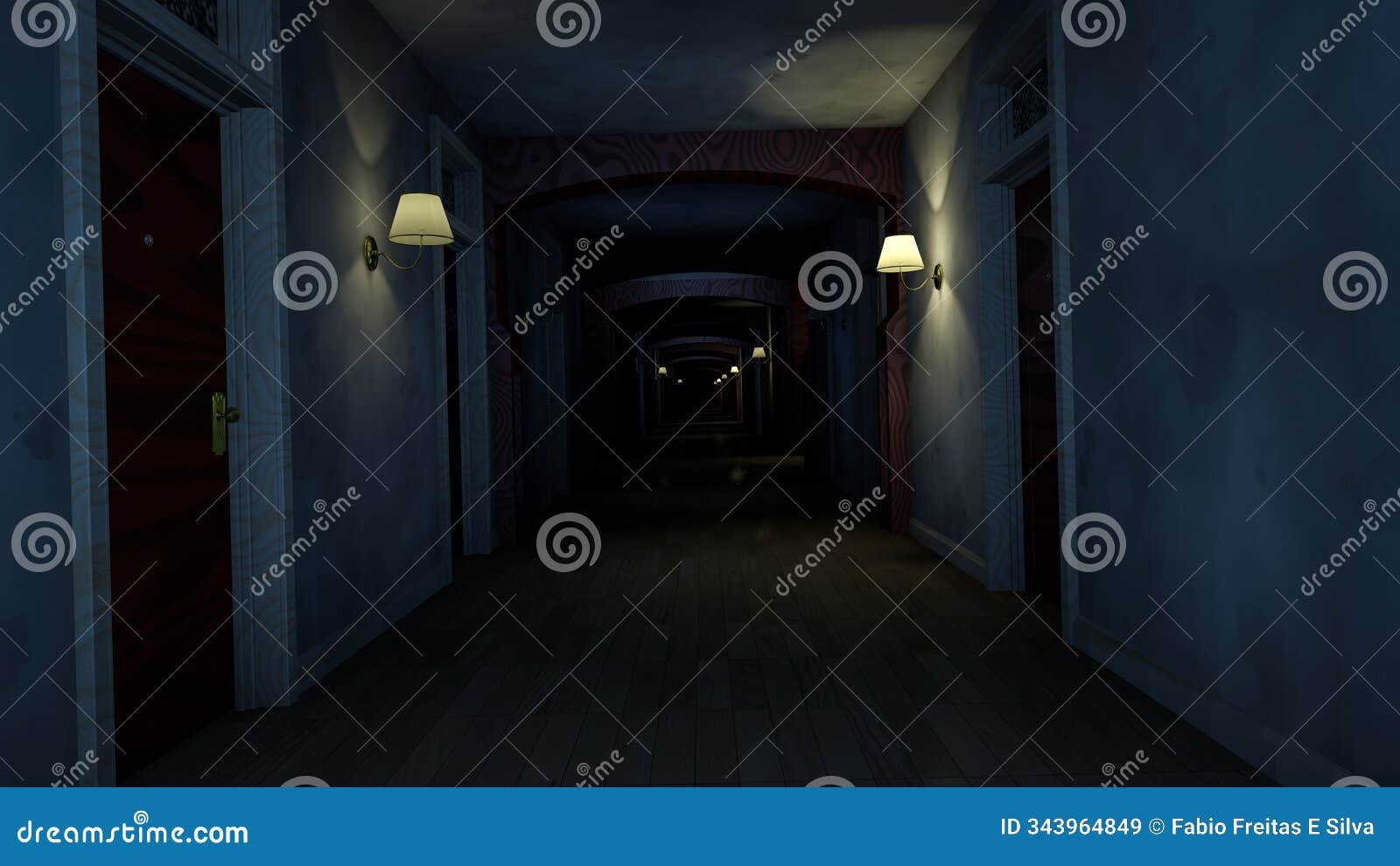 Scary Hotel Corridor with Flickering Lights. 3d Render. Stock ...