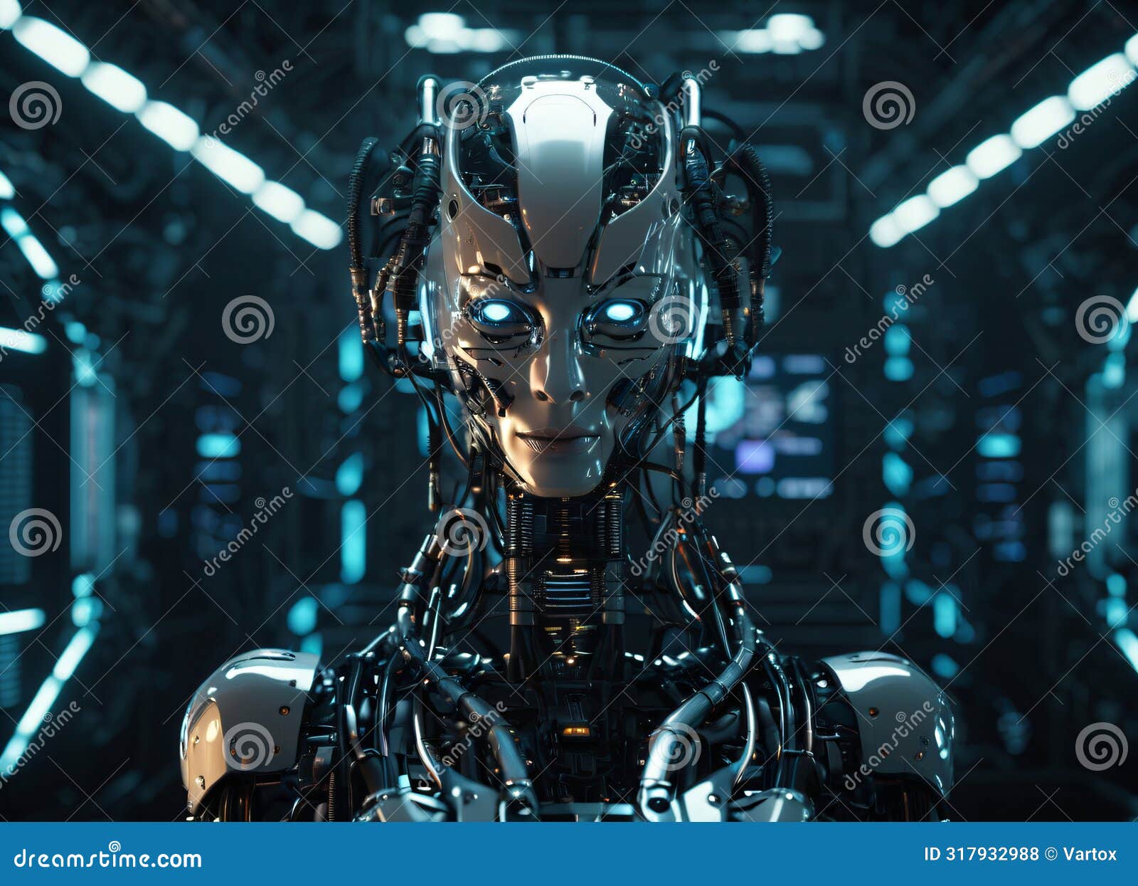 Scary Humanoid Robot, Menacing Look, Glowing Eyes Concept. AI Dystopia ...