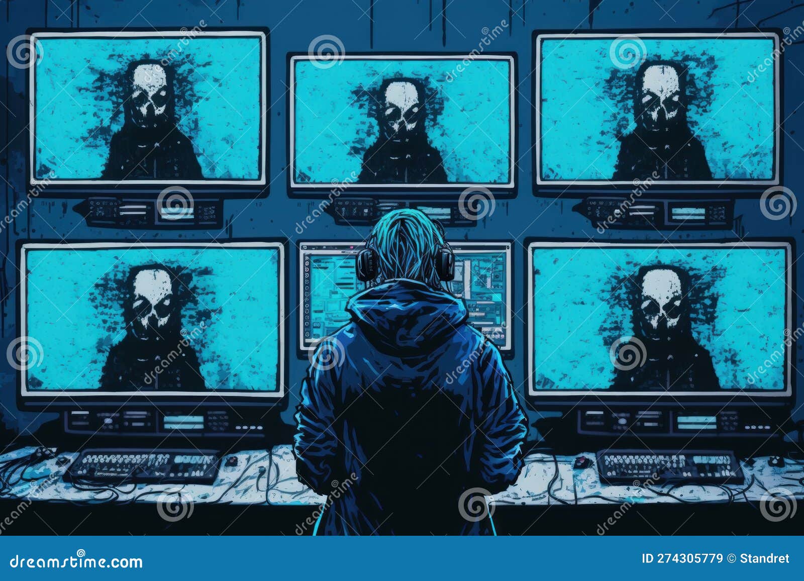 Scary Image. Hacker Standing in Front of Monitors. Beautiful ...