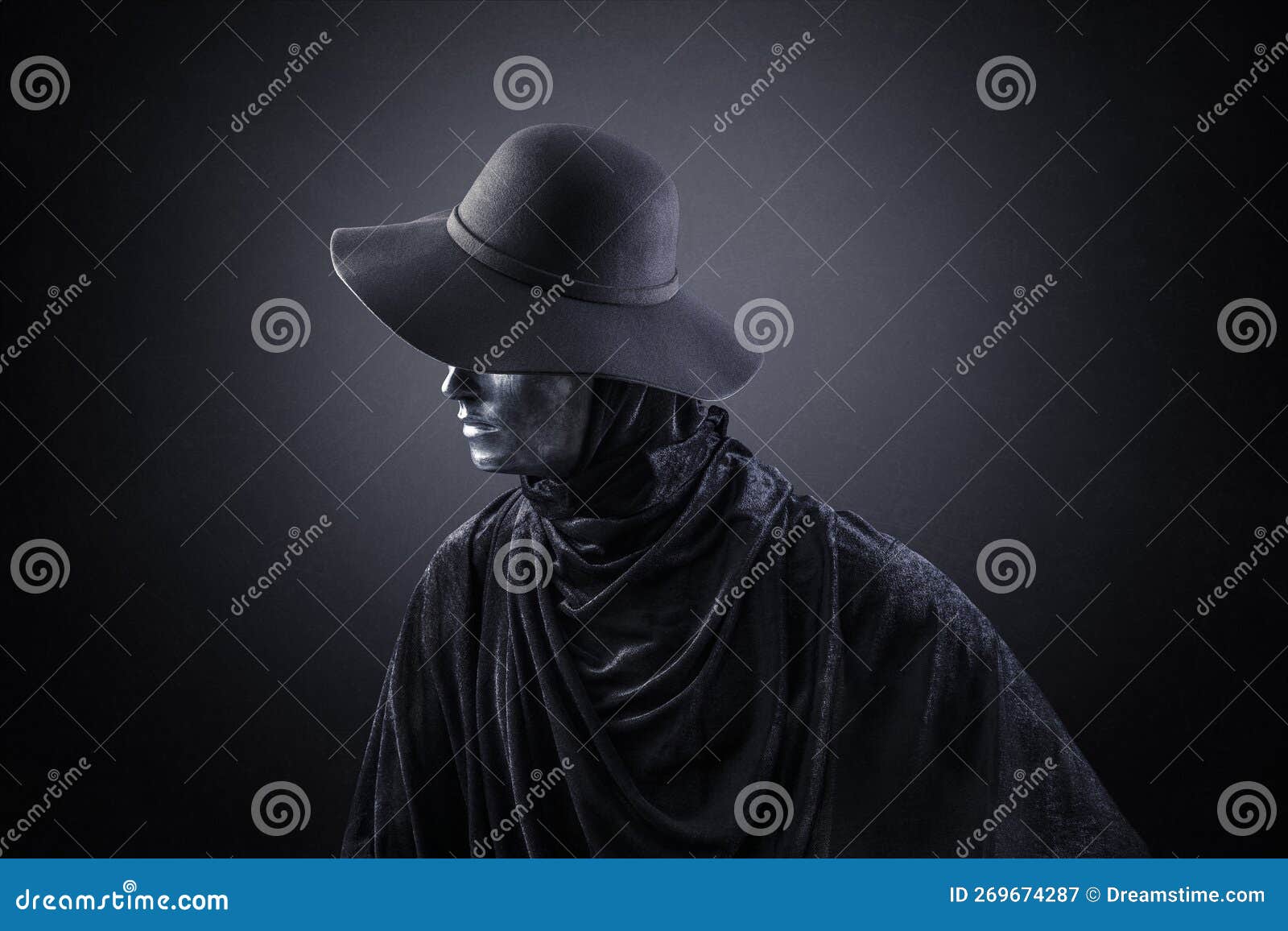 Scary Lady with Old Hat in the Dark Stock Image - Image of specter ...