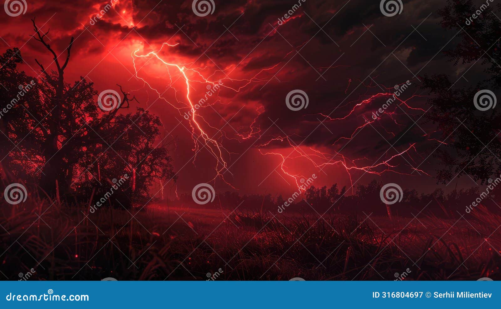 Scary Lightning Strikes in the Dark Red Sky Above the Field at Night ...